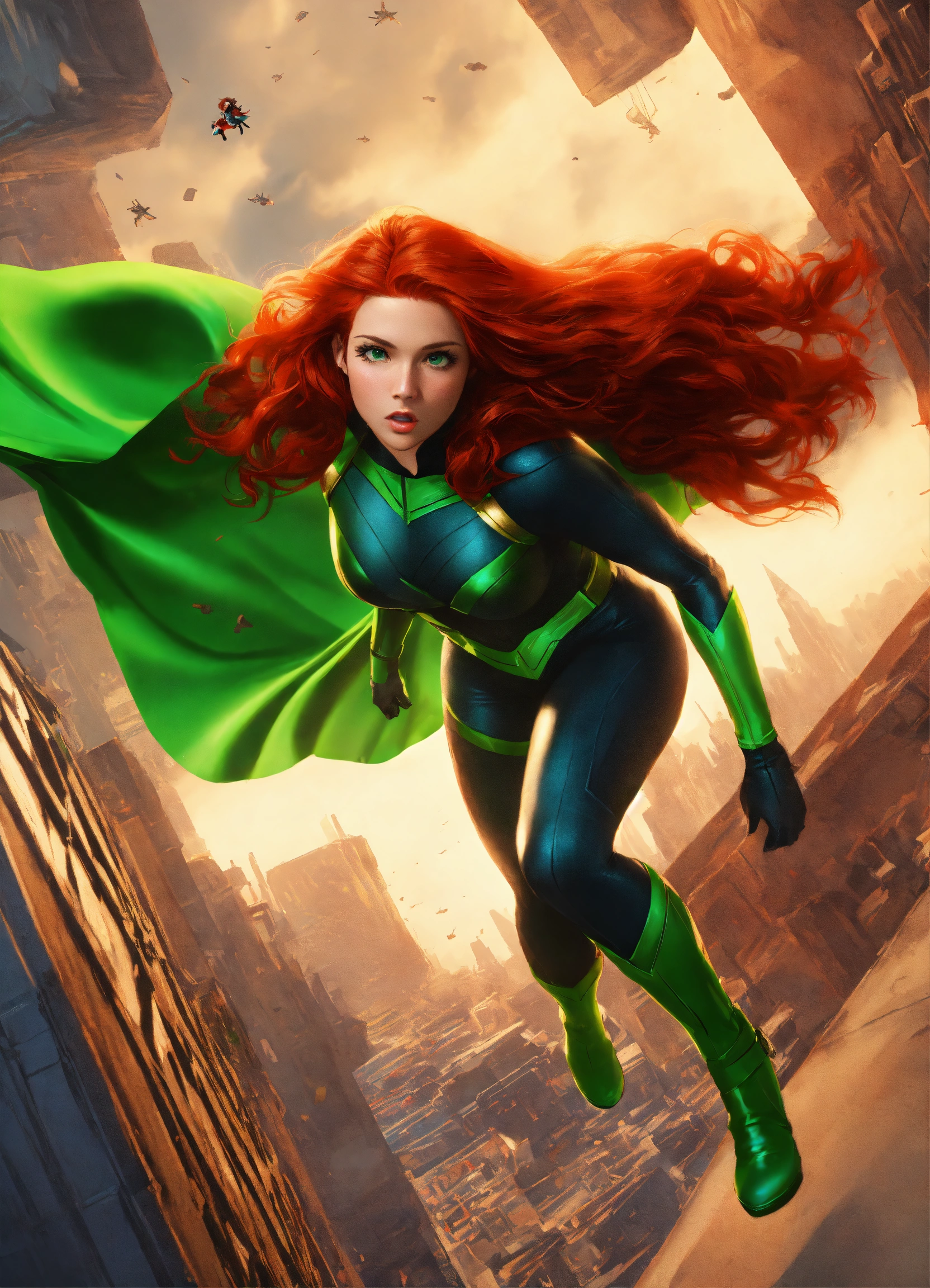 Lexica - Red-haired, green-eyed female superhero, floating down out of ...