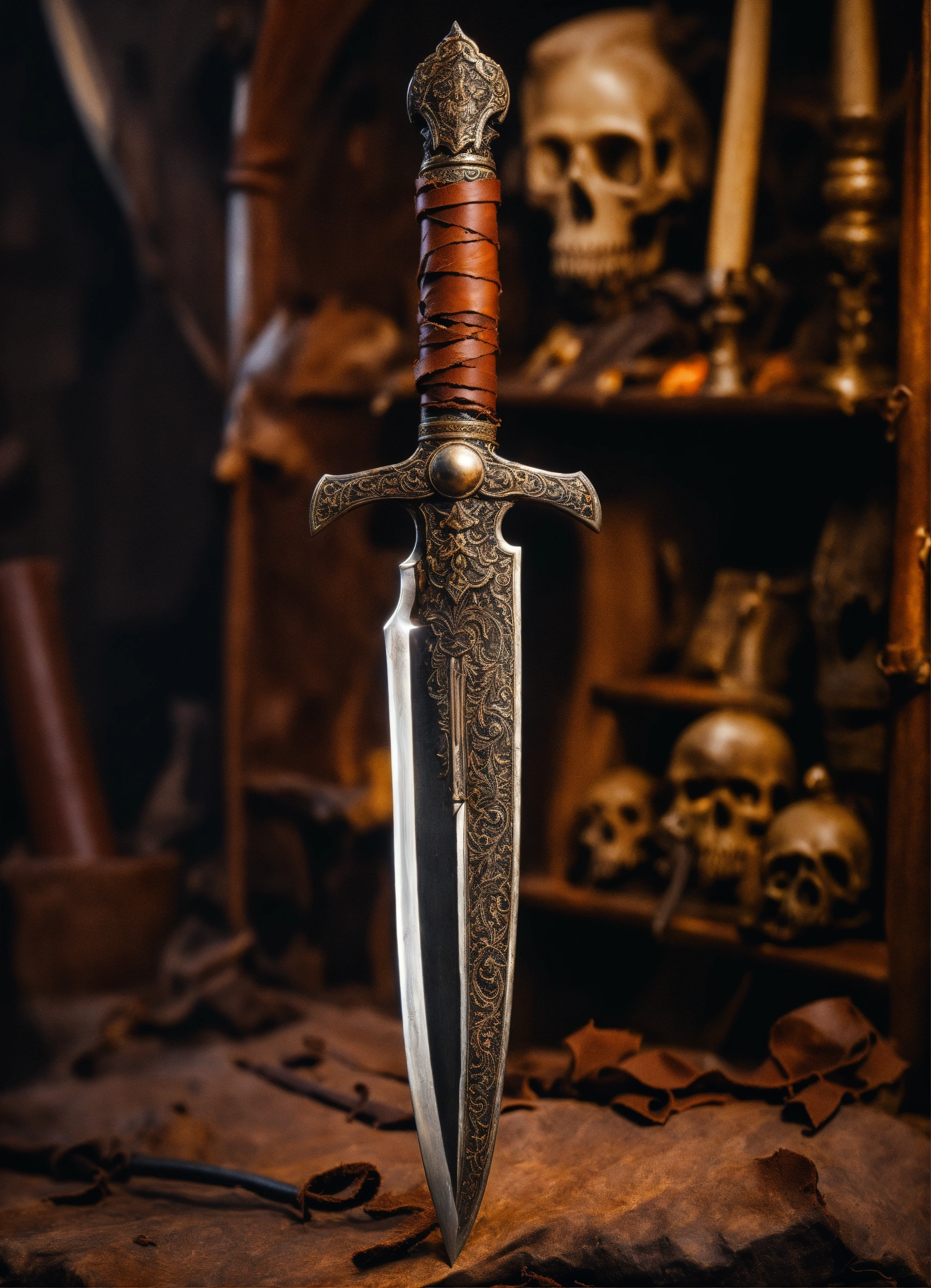 Lexica - Cursed dagger with old leather wrapped around the hilt. The dagger is made out of bone