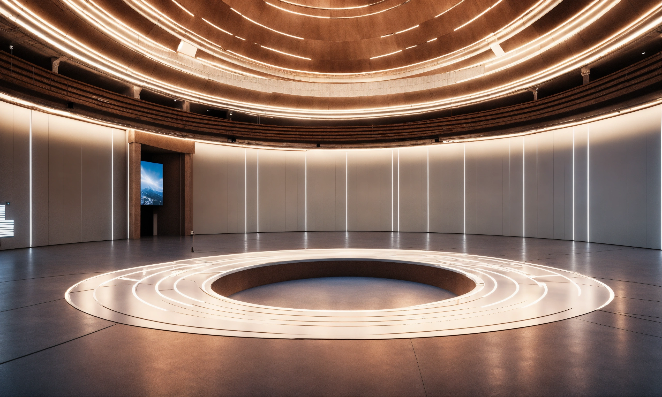 Lexica - A realistic photo of a huge circular-shaped hall, with a huge ...