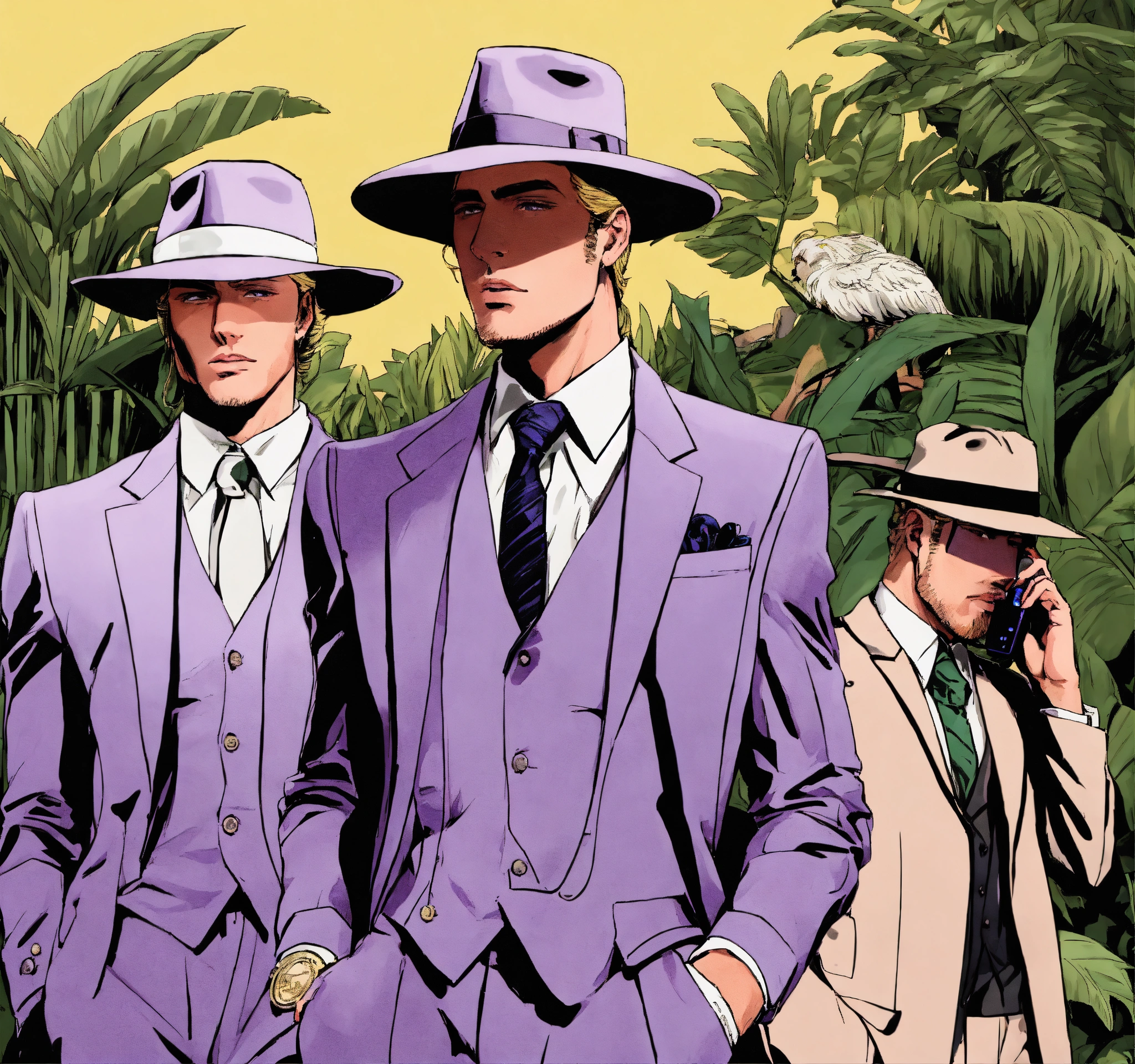 Lexica - Three blonde male mafiosi in pale purple suit, borsalino hats ...