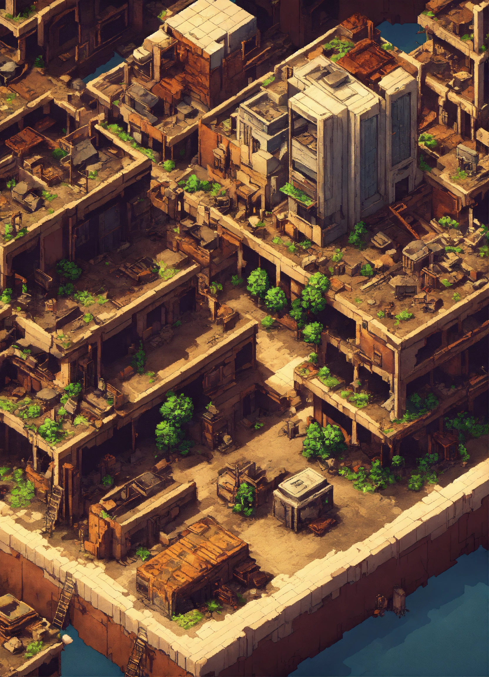Lexica - Simple pixel apocalyptic city ruins from directly above