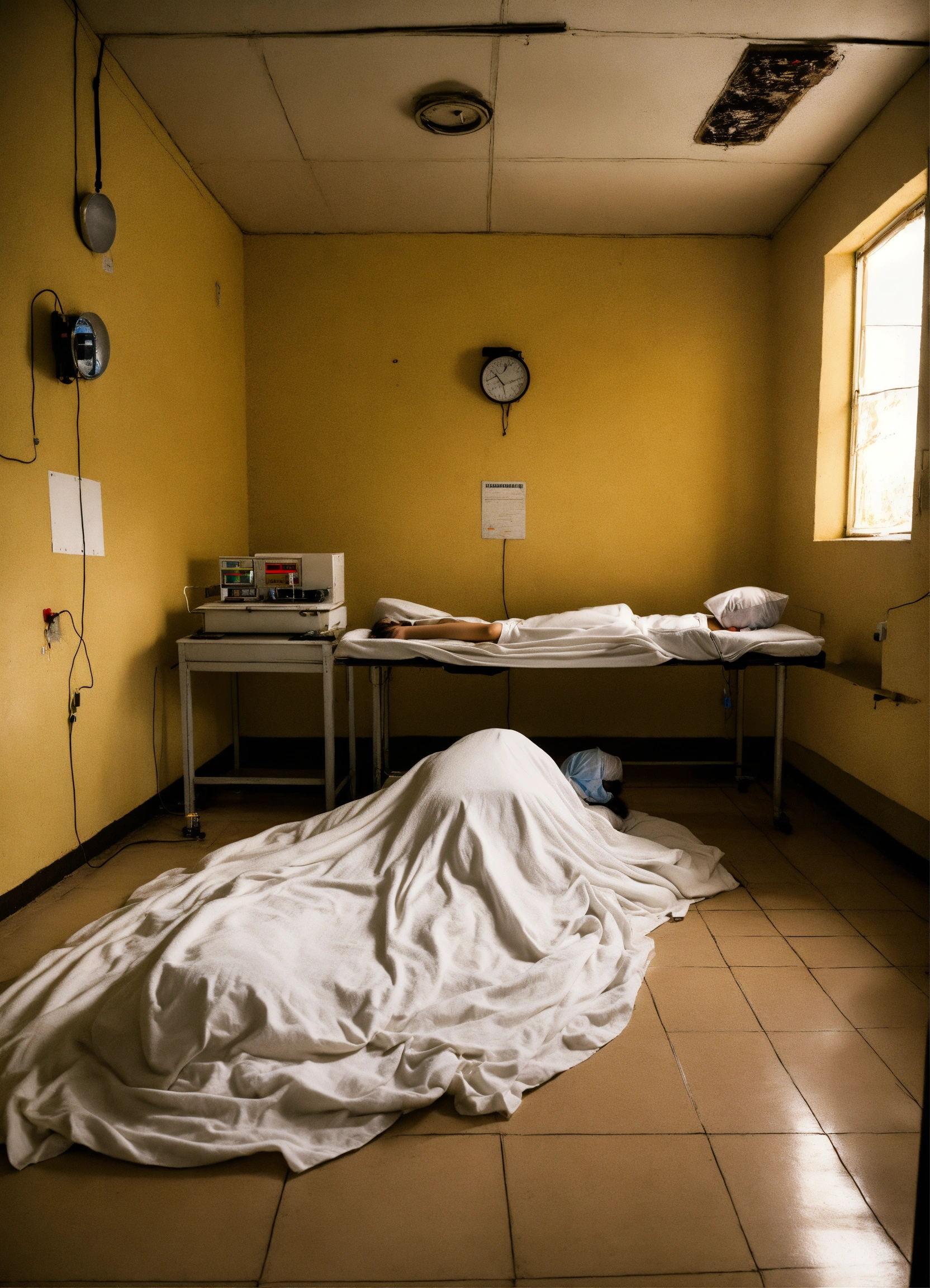 Lexica - A lifeless person covered with white bedsheet in forensic lab