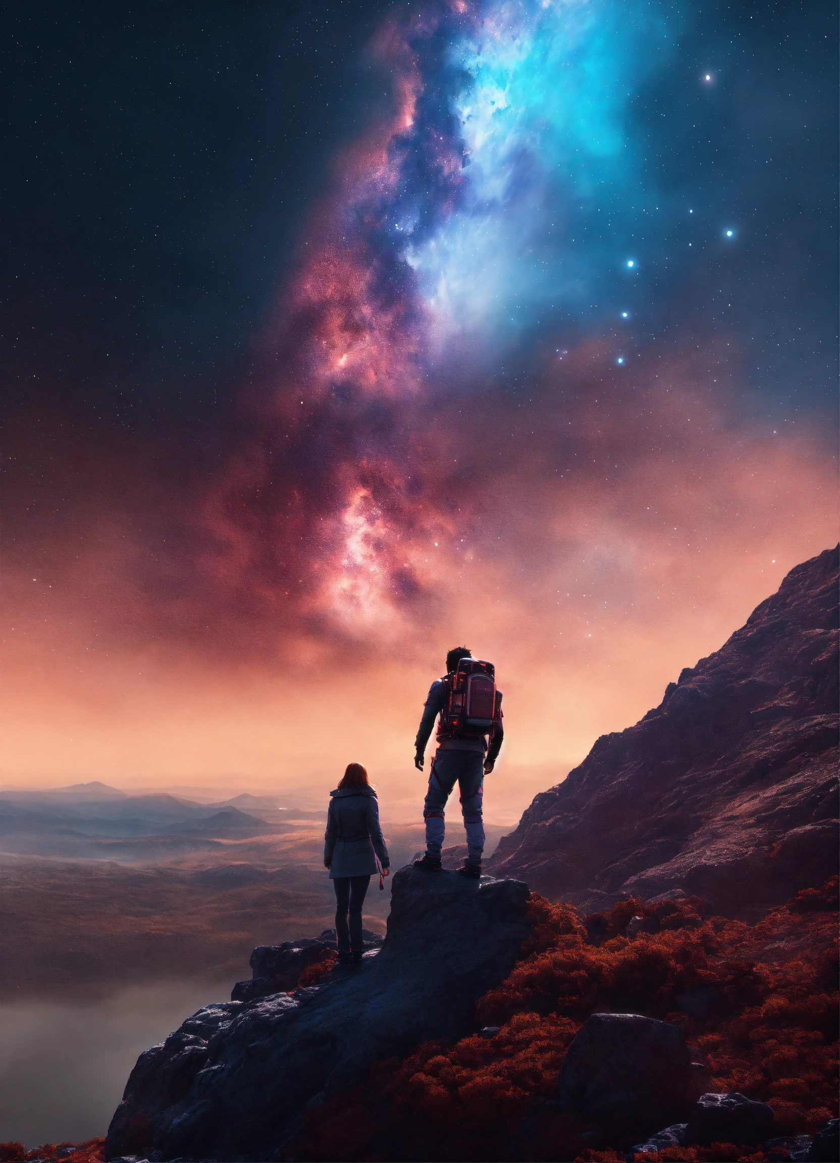 Lexica - Man and young woman, mountain nebula, Cinema 4D scifi 3D scene ...