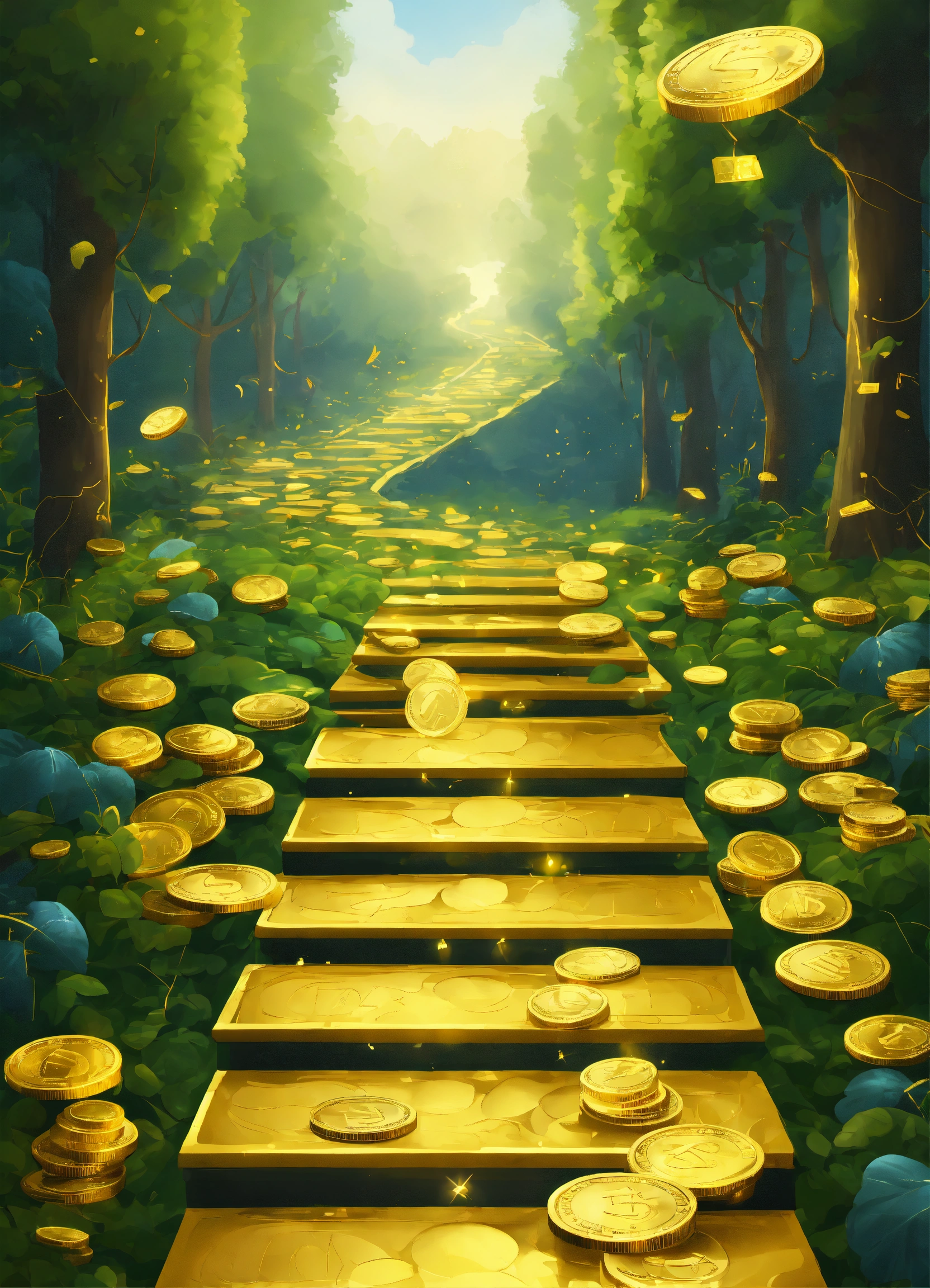Lexica - A rich pathway full of gold, and money, flat vectors, central justified, in gold green ...