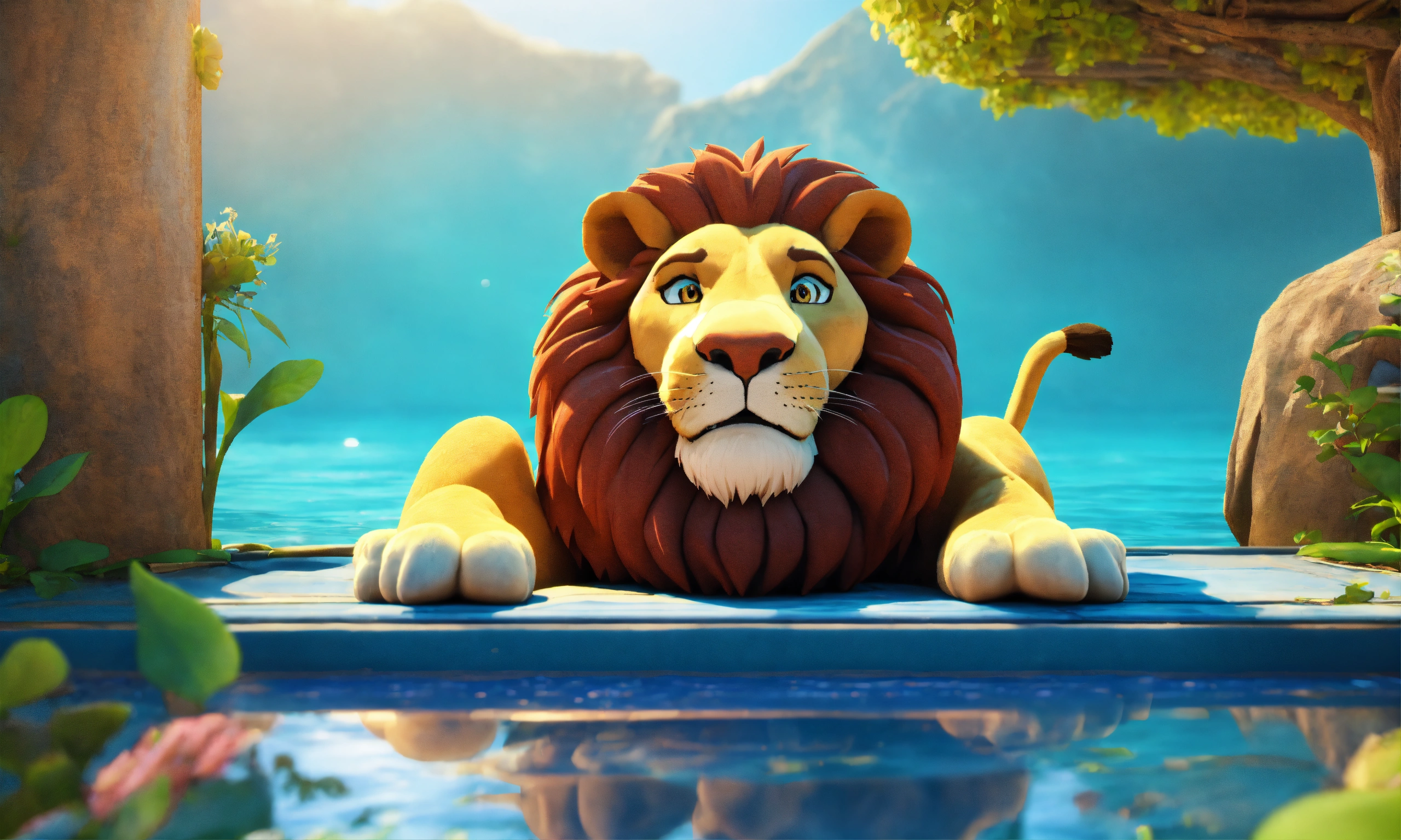 Lexica - 3d animation style cartoon lion seating at the edge of blue ...