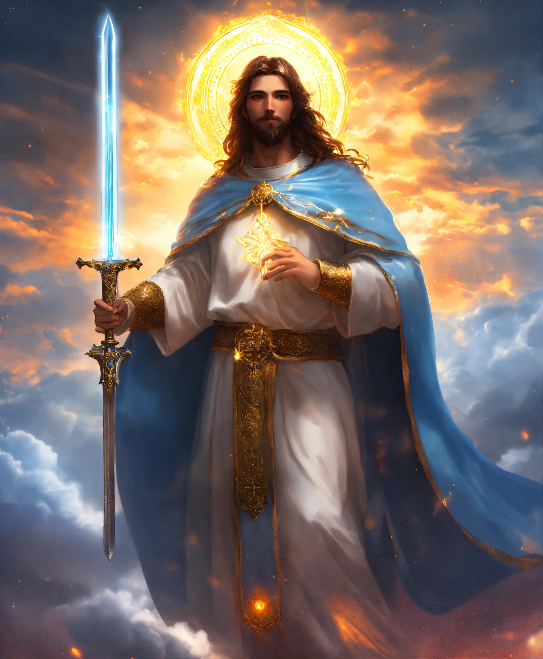 Lexica - Holy saint with a glowing aura and a sword. Cloud background