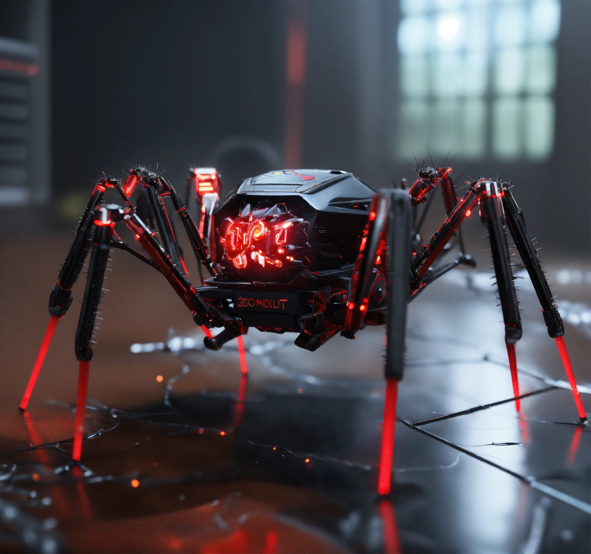 Lexica - Zoom out on a group of 5 small black spider bots with sharp ...