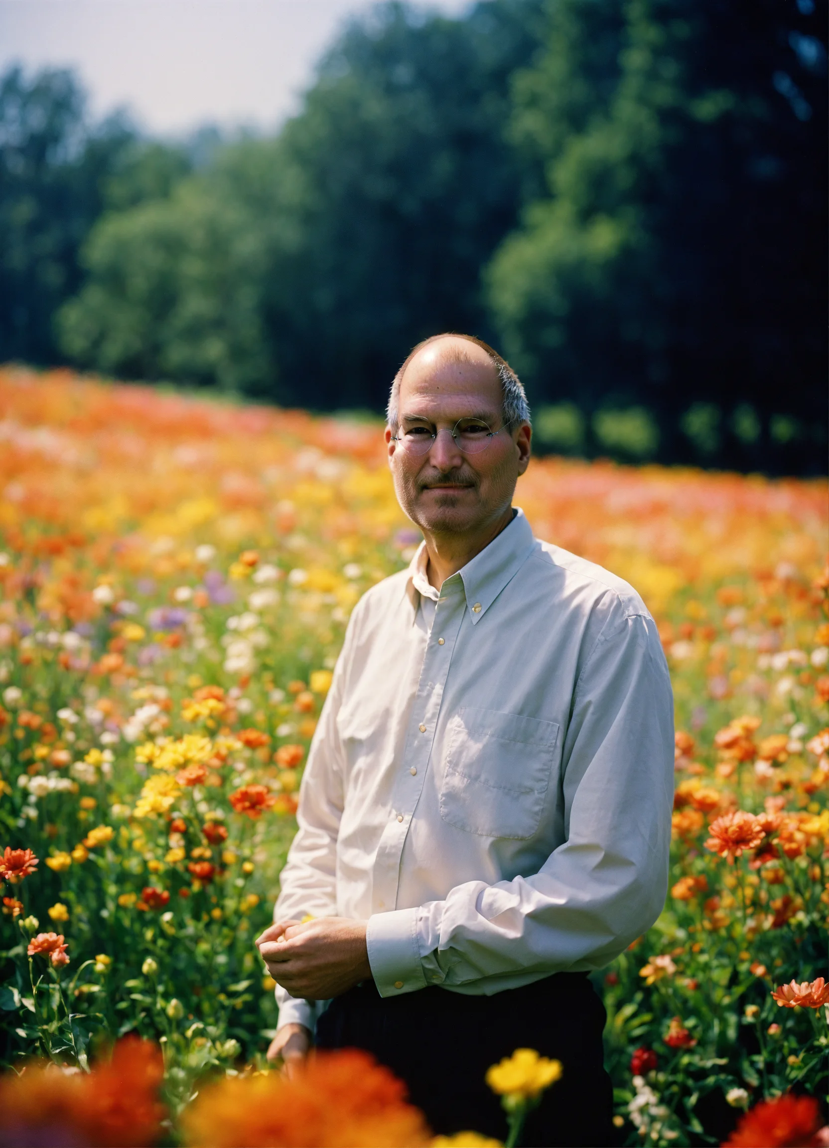Lexica - Happy Steve Jobs standing in a beautiful field of flowers ...