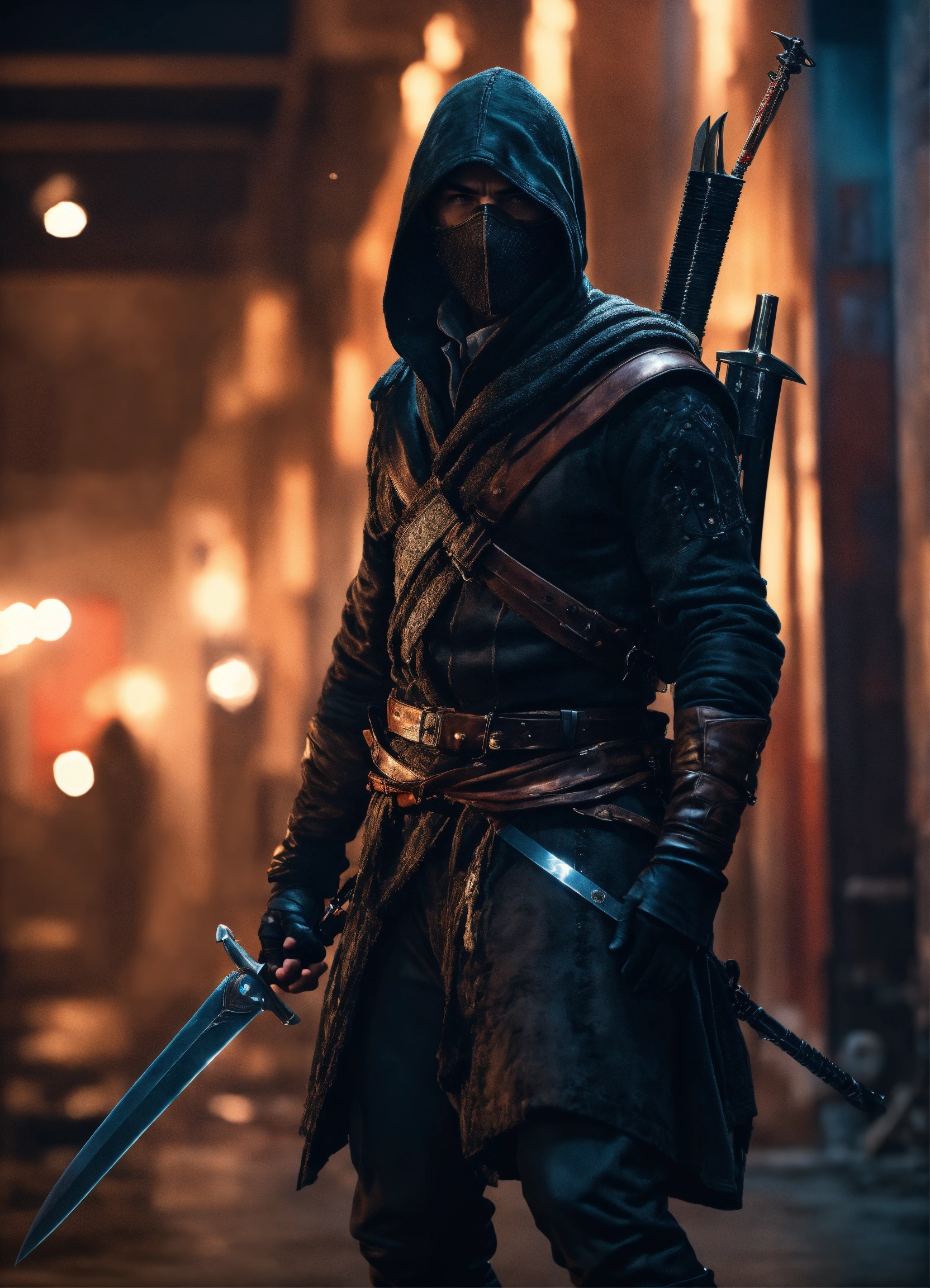 Lexica - A realistic full body portrait of a male assasin, daggers ...