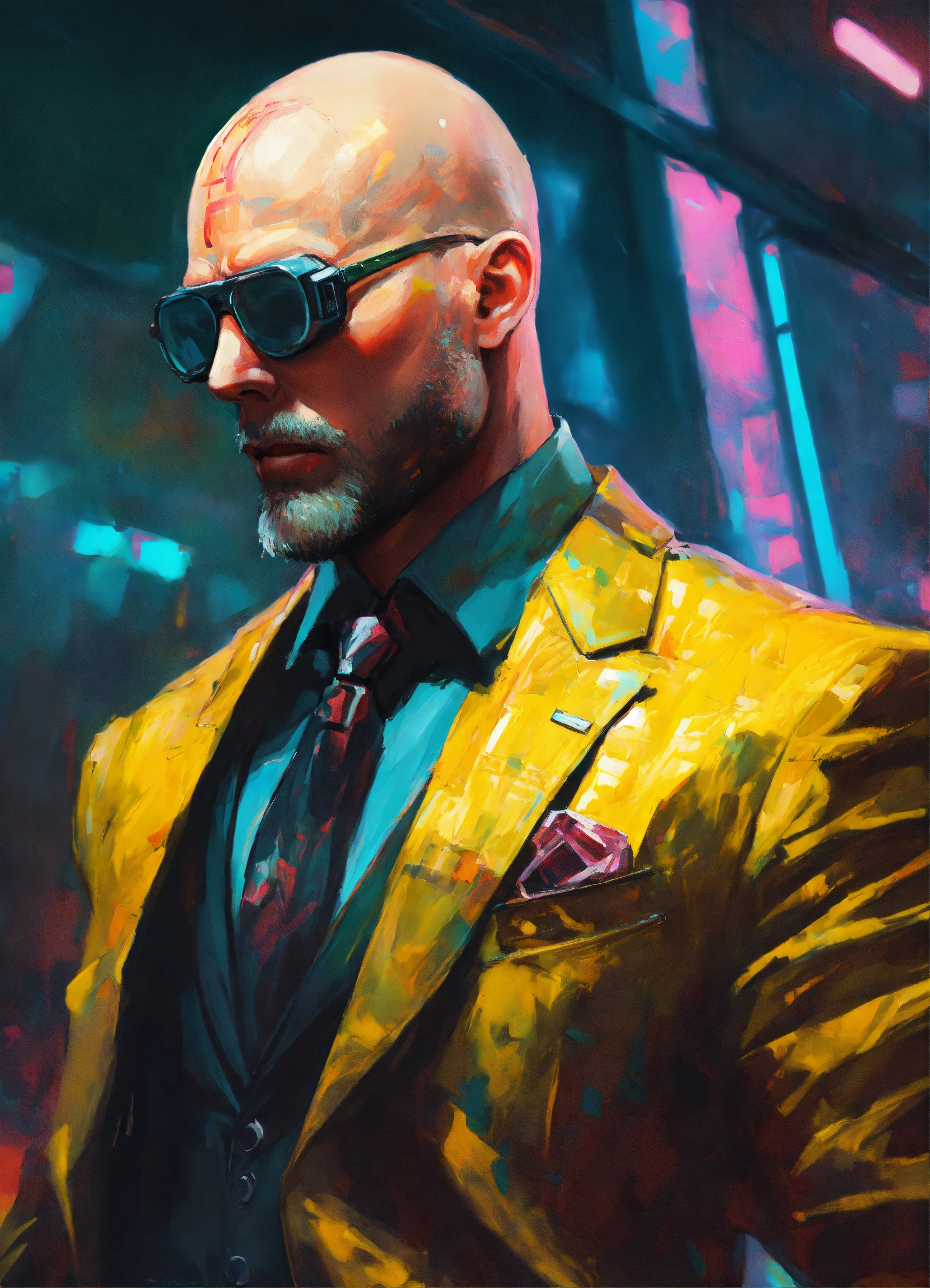 Lexica - Strong bald cyberpunk bounder in a suit, at a rave gritty oil ...