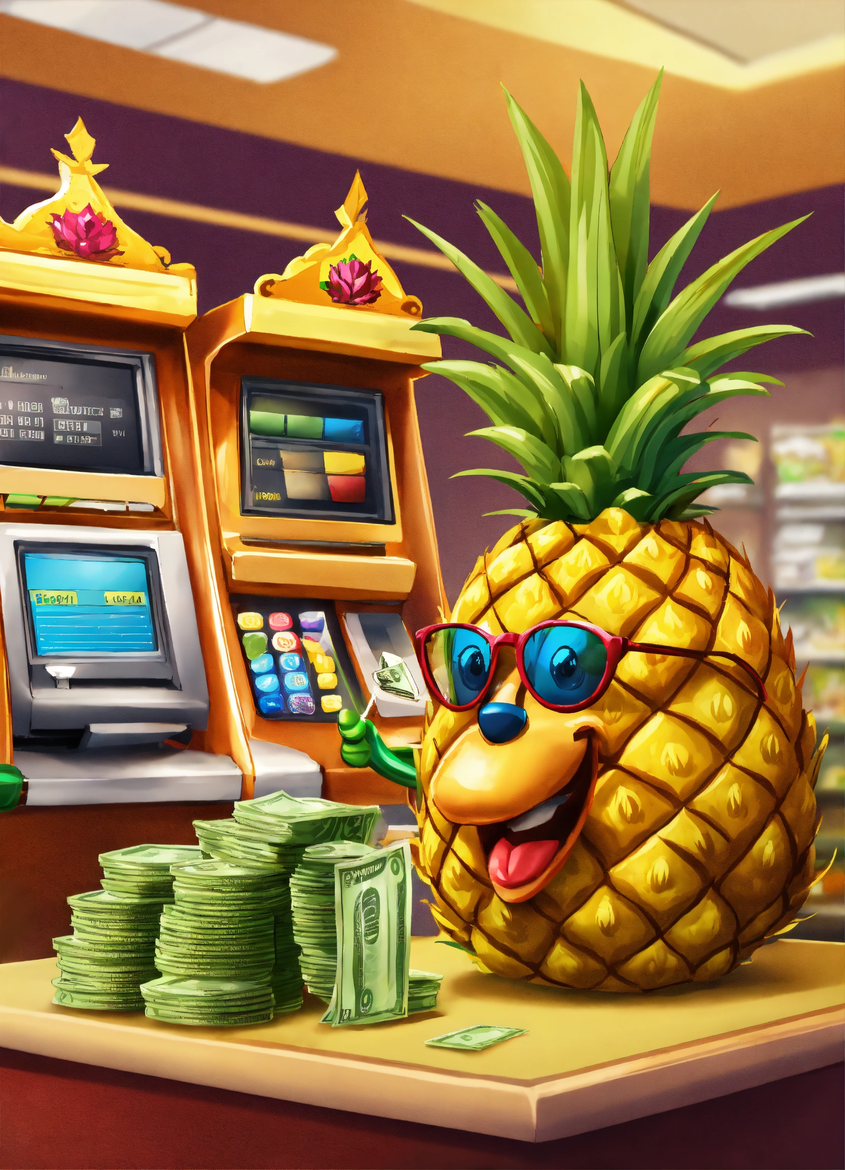 Lexica - Cartoon A pineapple wearing a crown sits at a cash register ...