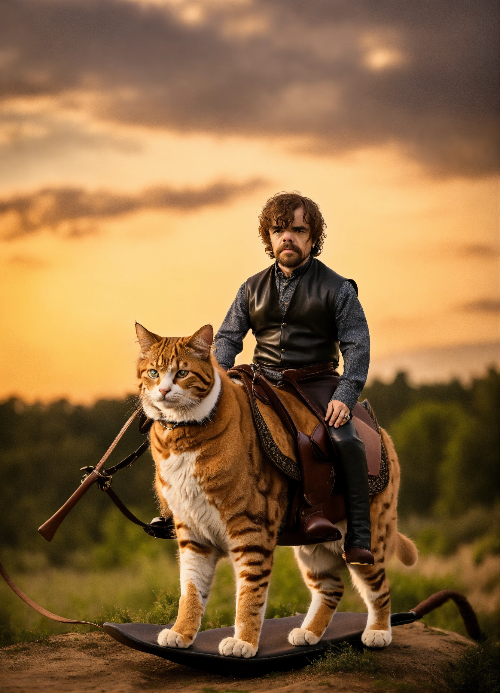 Lexica - Professional photo of Peter Dinklage riding the back of a cat ...
