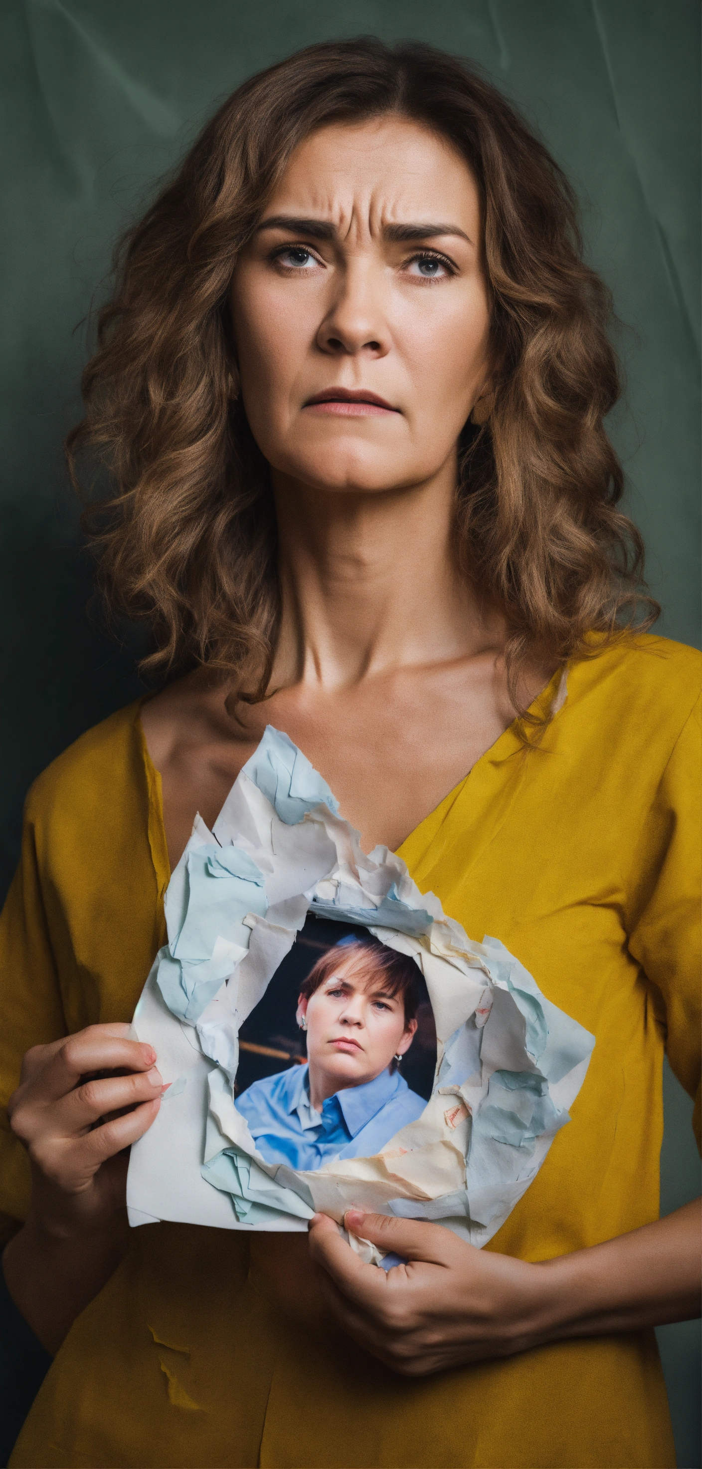 Lexica - Angry aunt holding crumpled torn colored paper with photos and ...