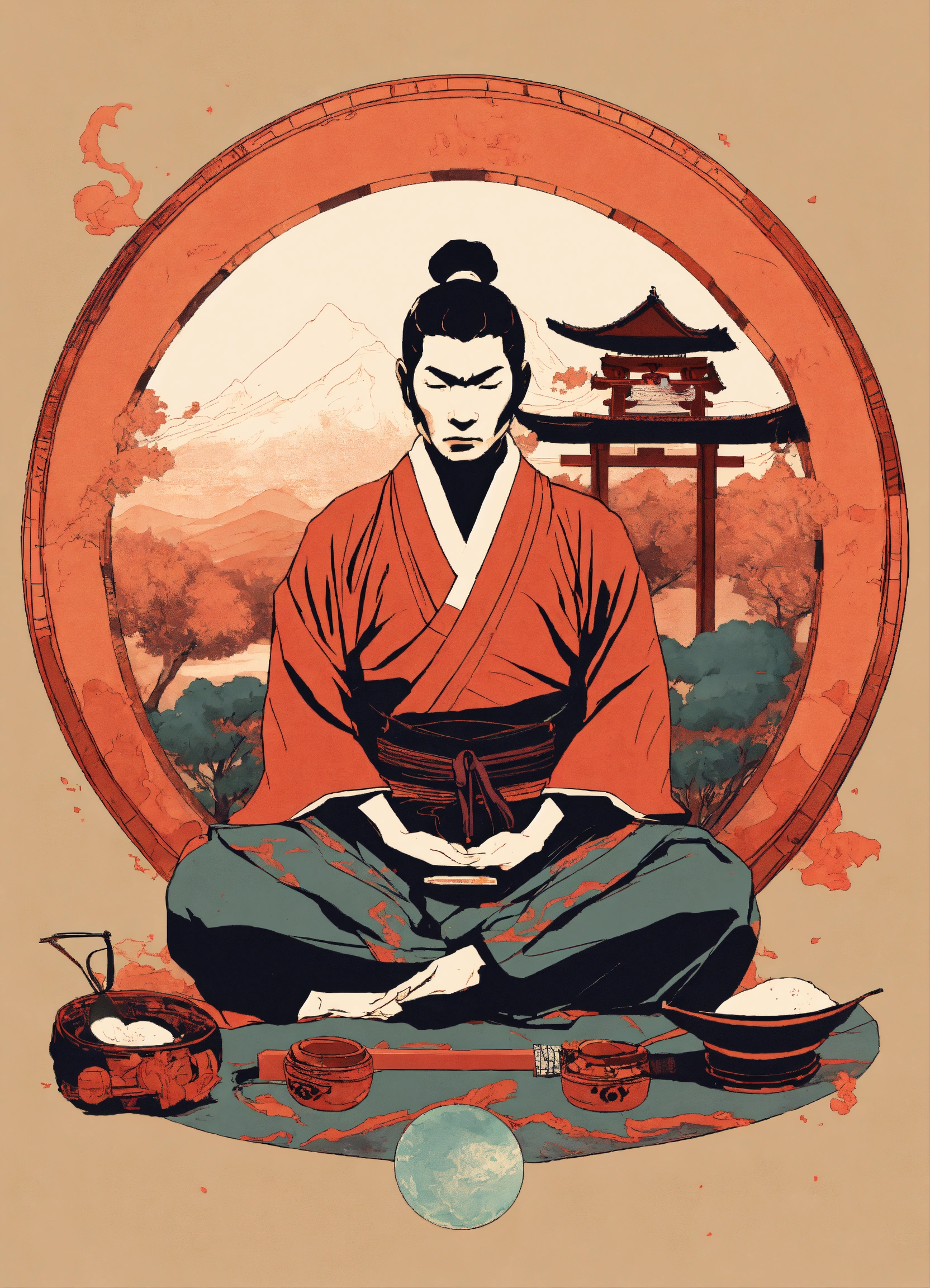 Lexica - T-shirt design, samurai meditation in Dojo, by Sachin Teng, in ...