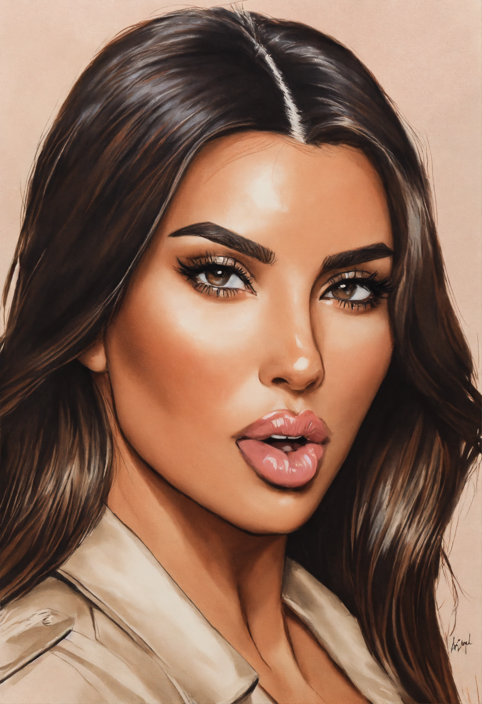 Lexica - Kim Kardashian drawing, pointing at mouth