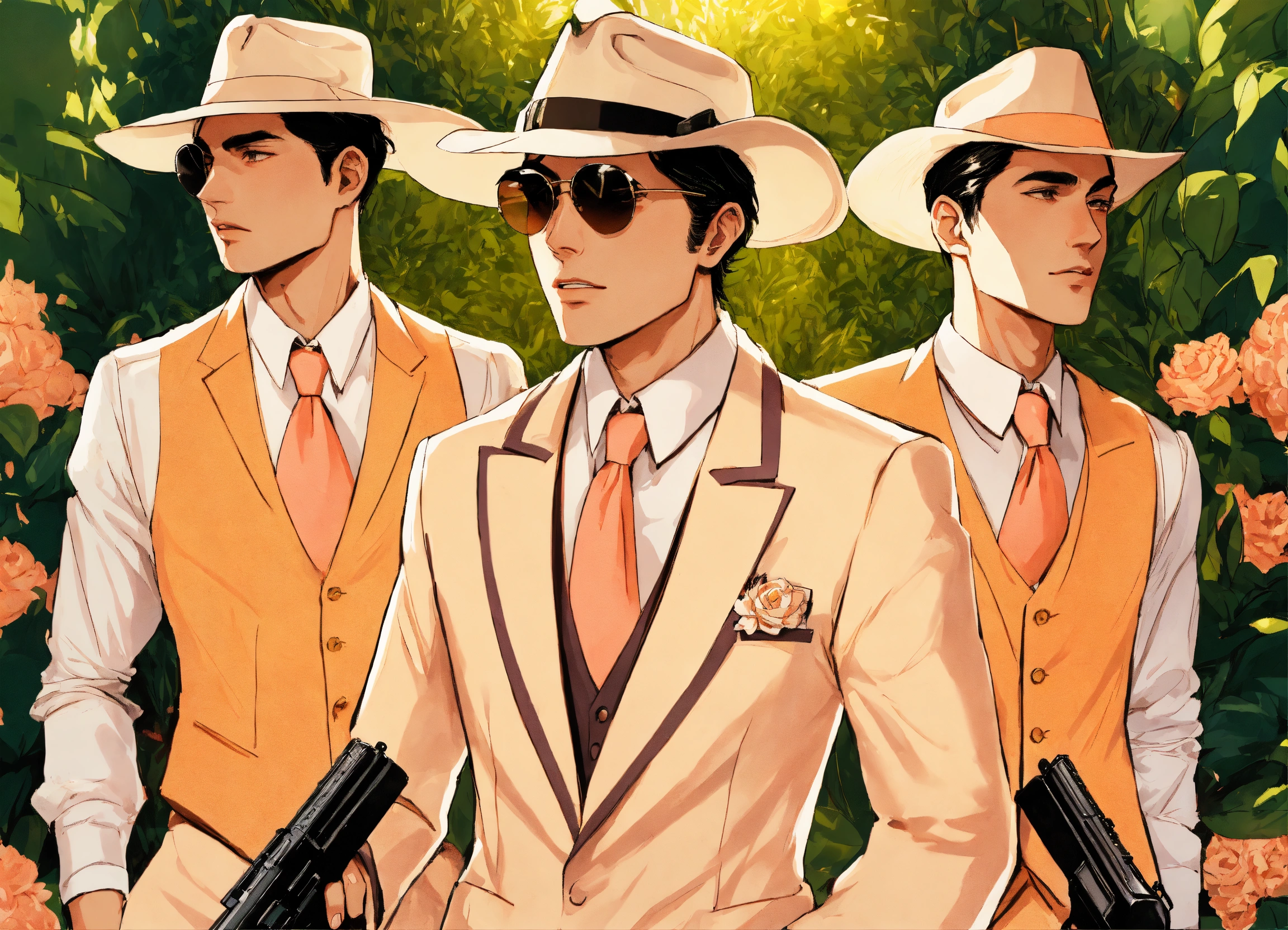 Lexica - Three young elegant male mafiosi in cream and peach vested ...