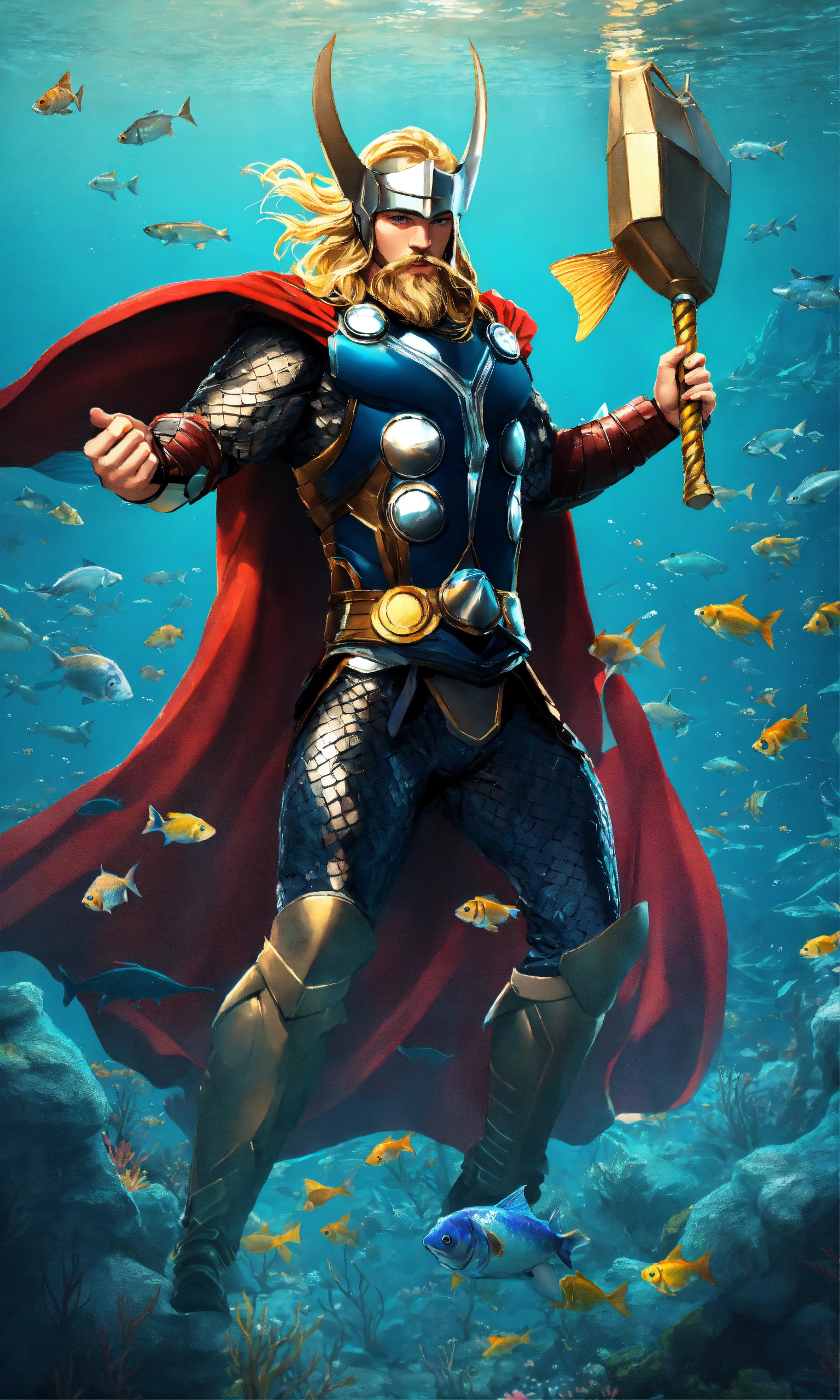 Lexica - Thor with fish underwater in the ocean, nature background, 2D ...