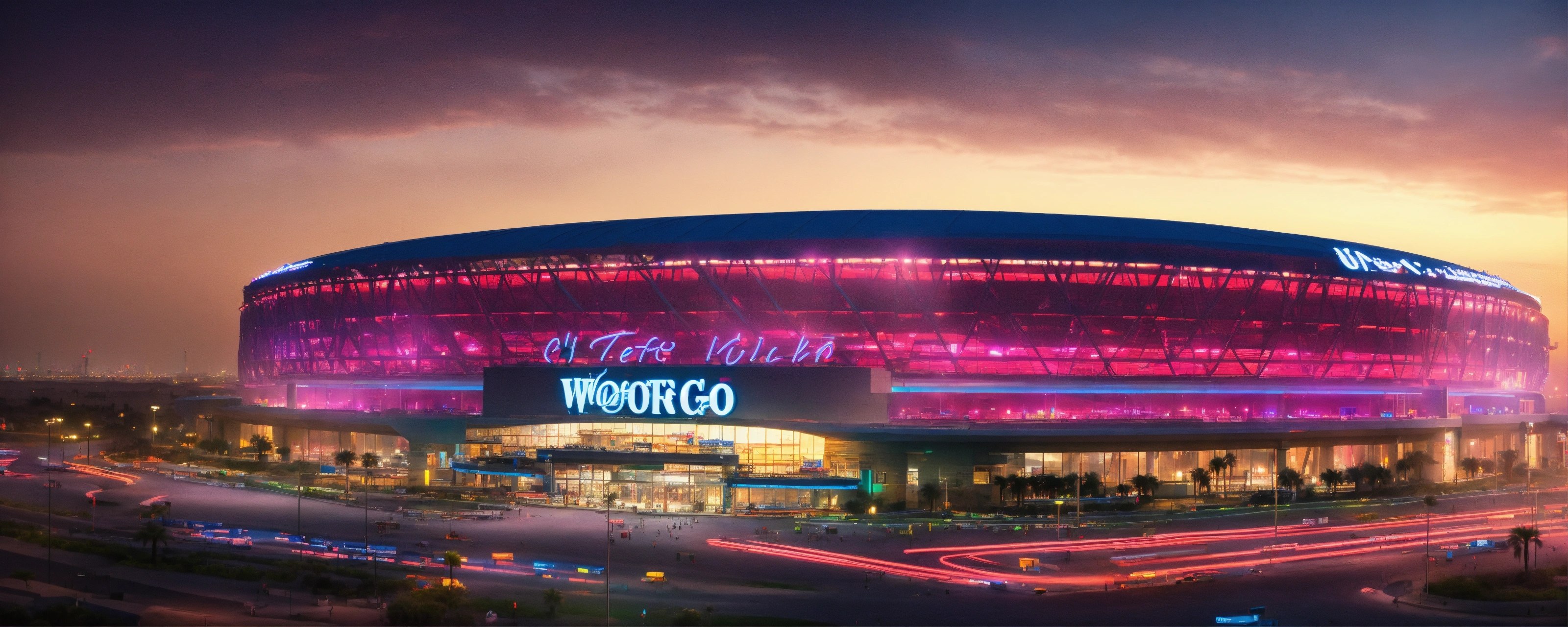 Lexica - Stadium name WOFO neon lights dubai city stadium name WOFO ...
