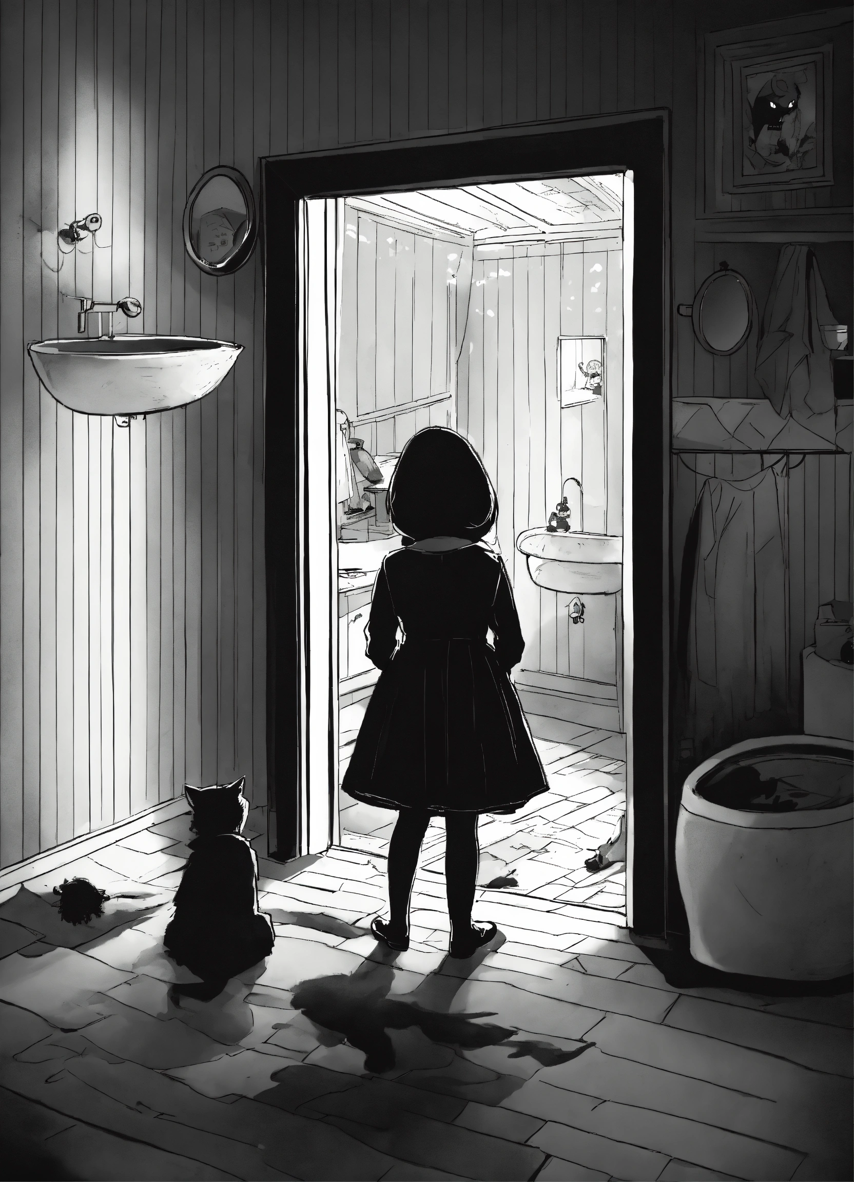 Lexica - Black and white illustration for a children's book. scary ...