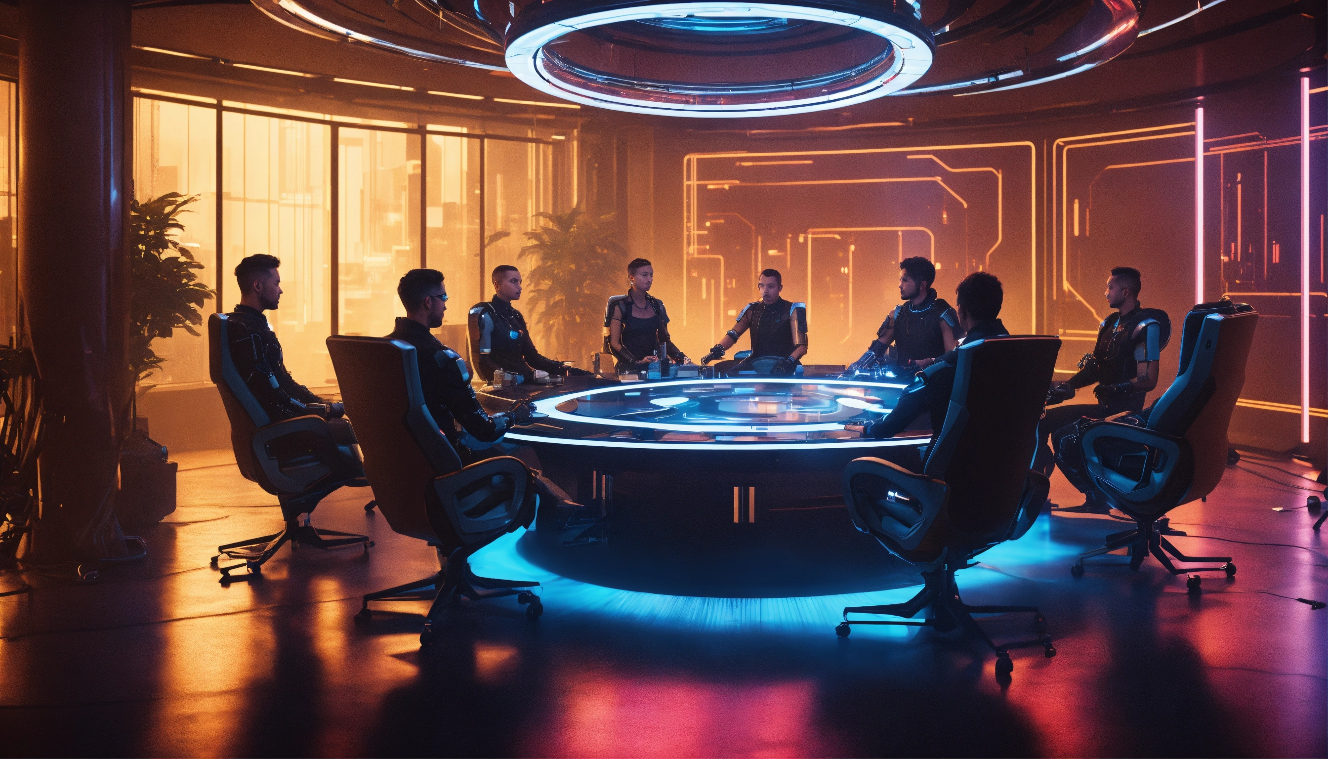 Lexica - Futuristic meeting room, people siting on chairs around the ...