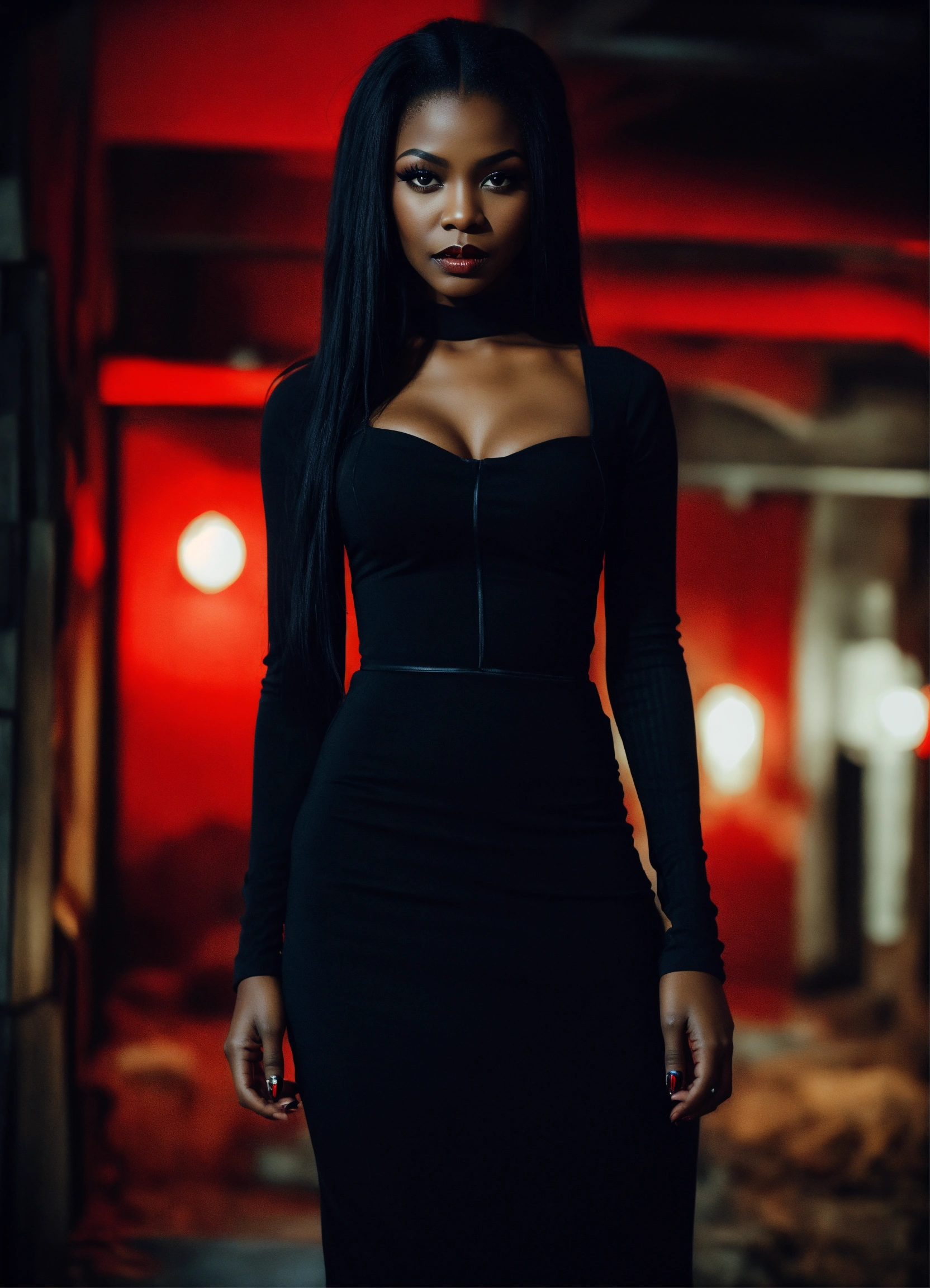 Lexica - Beautiful black vampire woman, red eyes, tight black dress