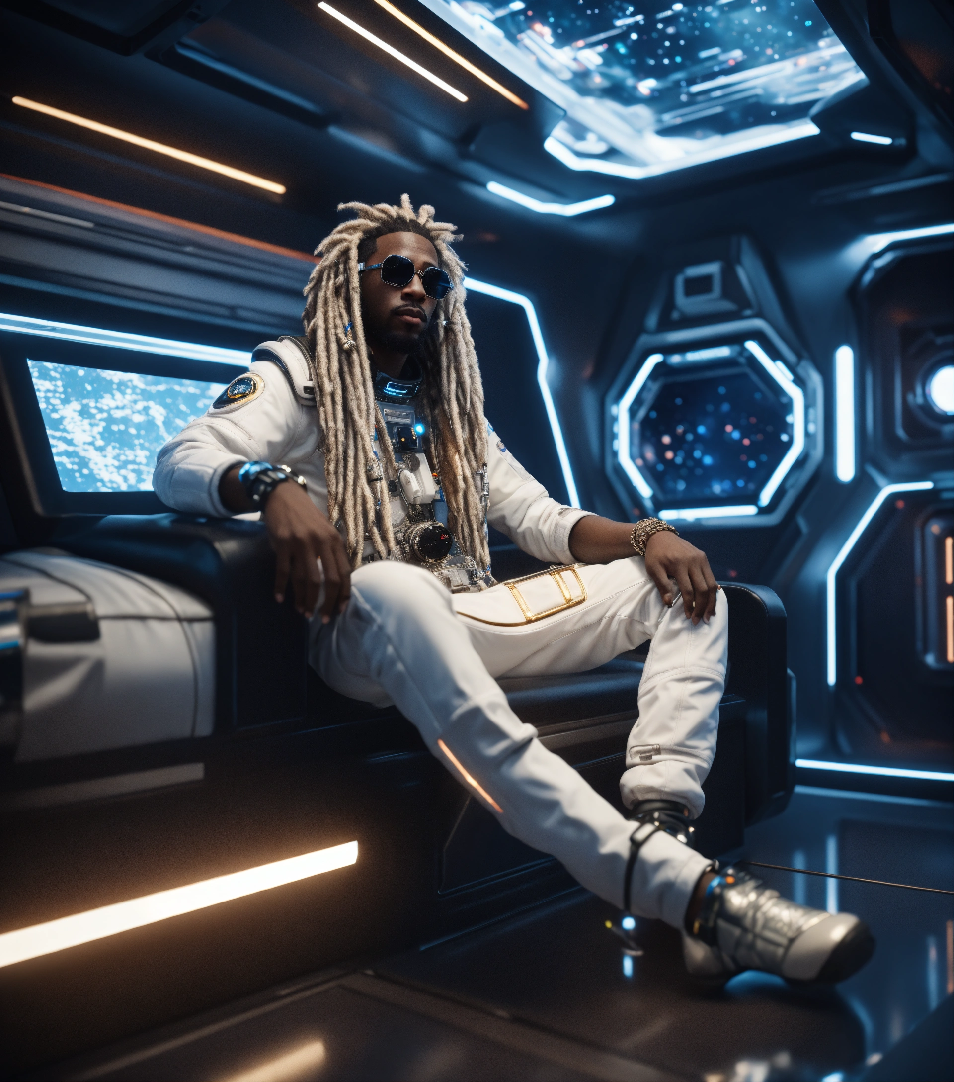Lexica - Zoom out of a black male rockstar with bright white dreadlocks ...