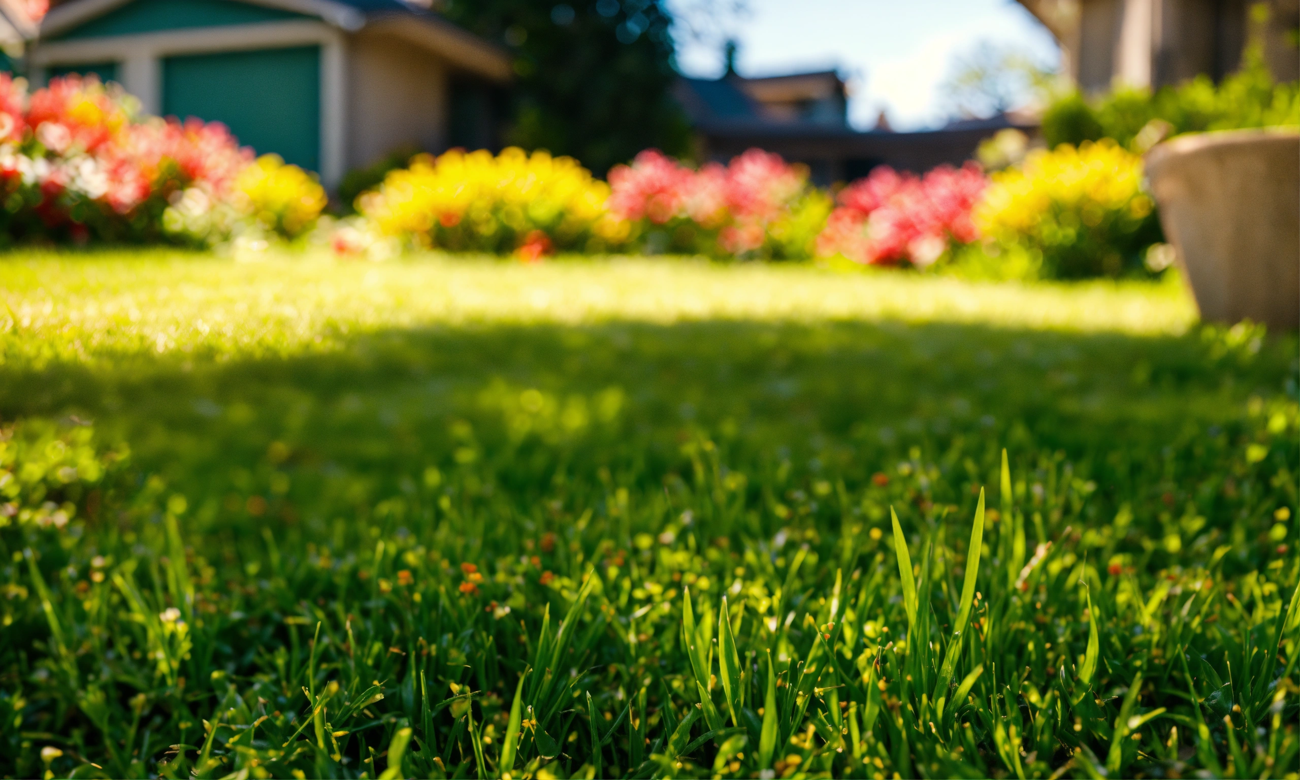 Lexica - A photo of a green grass cut short front yard garden, flowers ...