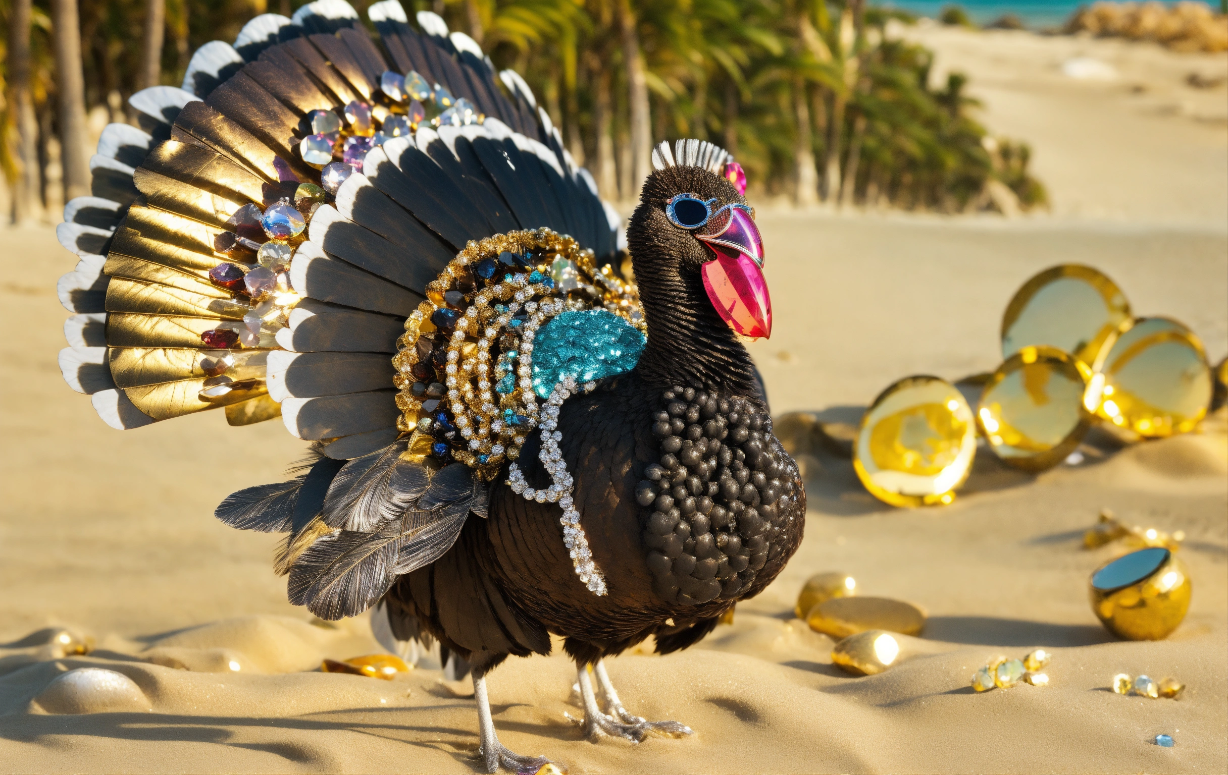 Lexica - Lucky Turkey sunglasses on the beach with gold and treasures ...
