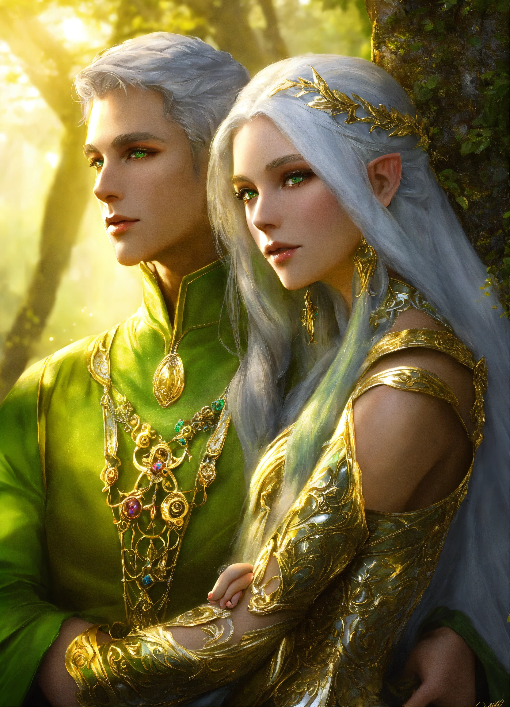 Lexica - Fantasy, man and woman, elf, gold skin, green eyes, silver ...