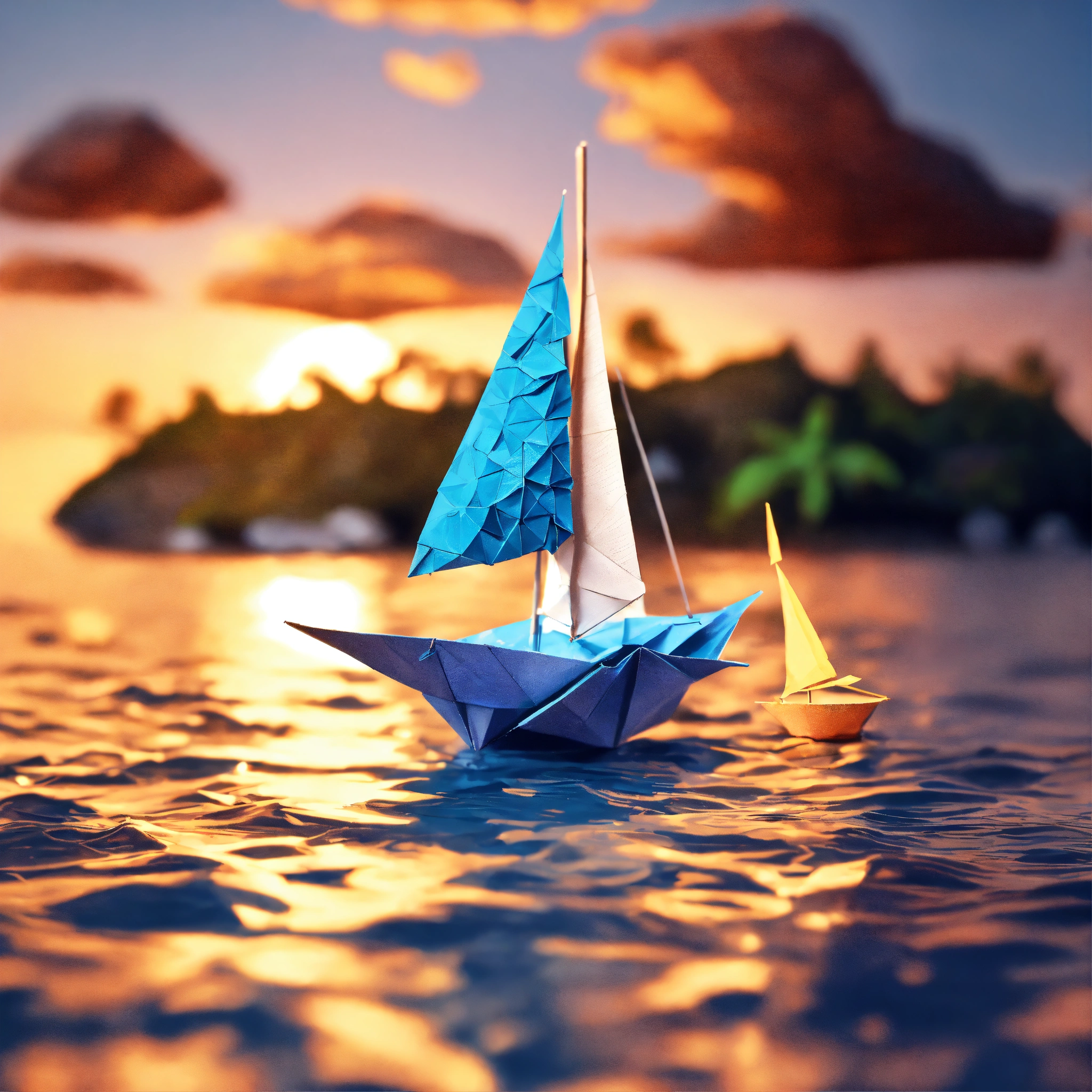 Lexica - Medium close-up, A sailboat made of origami paper floating ...