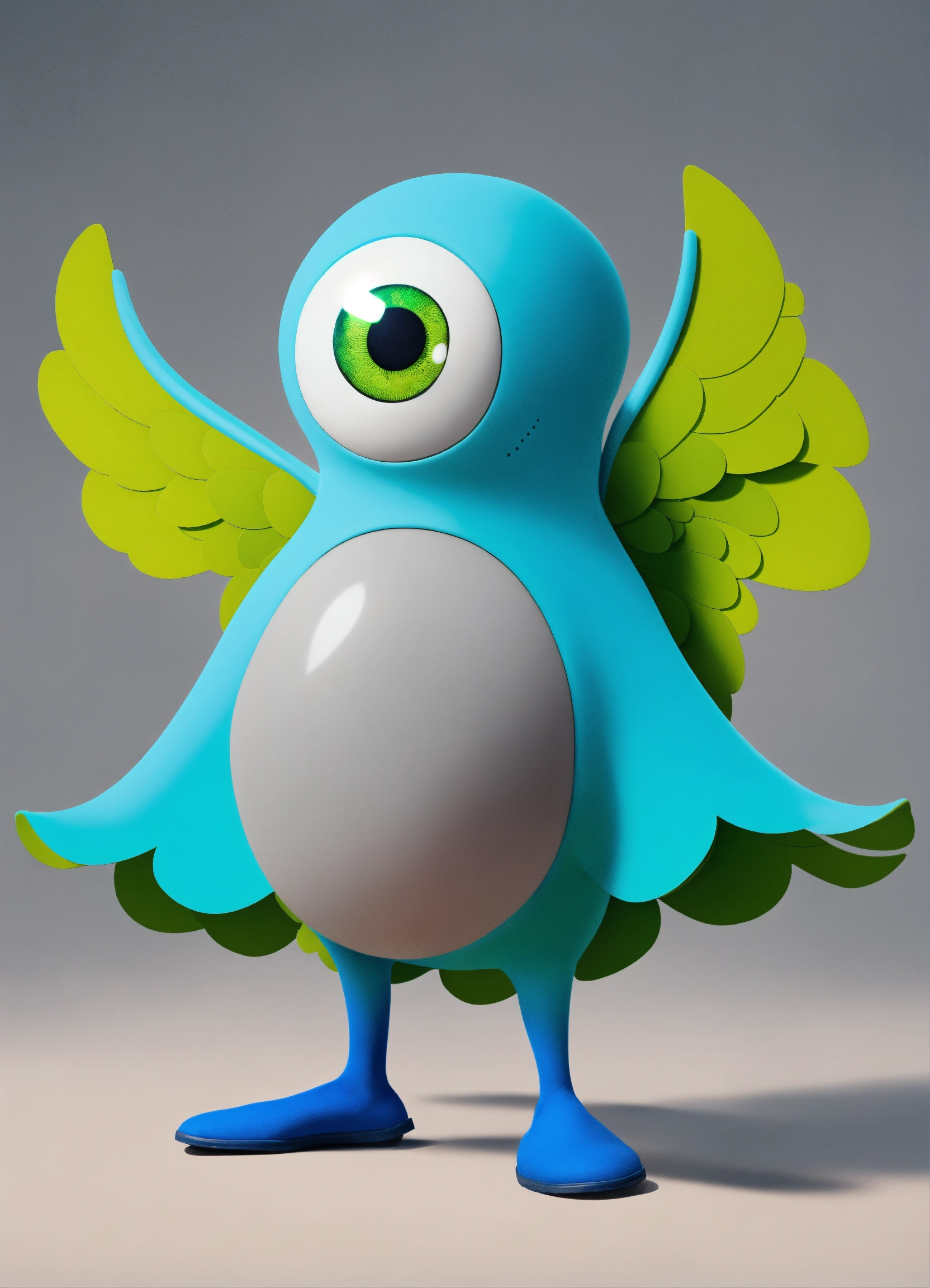 Lexica - A gray cartoon blob with one eye, bright green wings, and blue ...