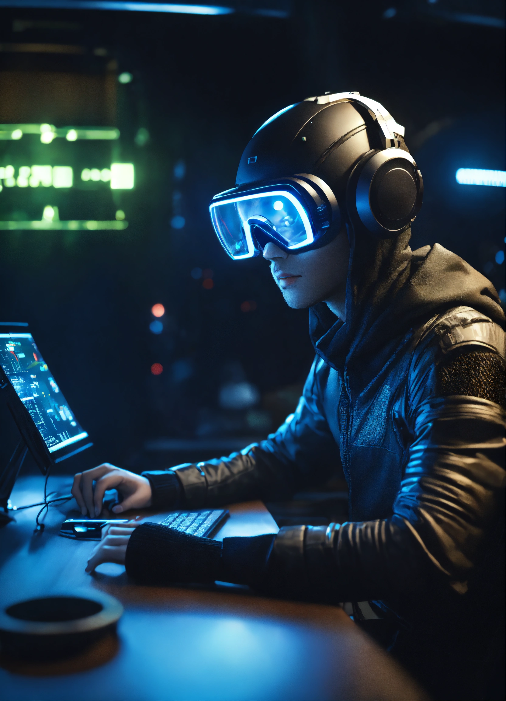Lexica - Nerdy 25 year old male hacker wearing futuristic clothing, hi ...