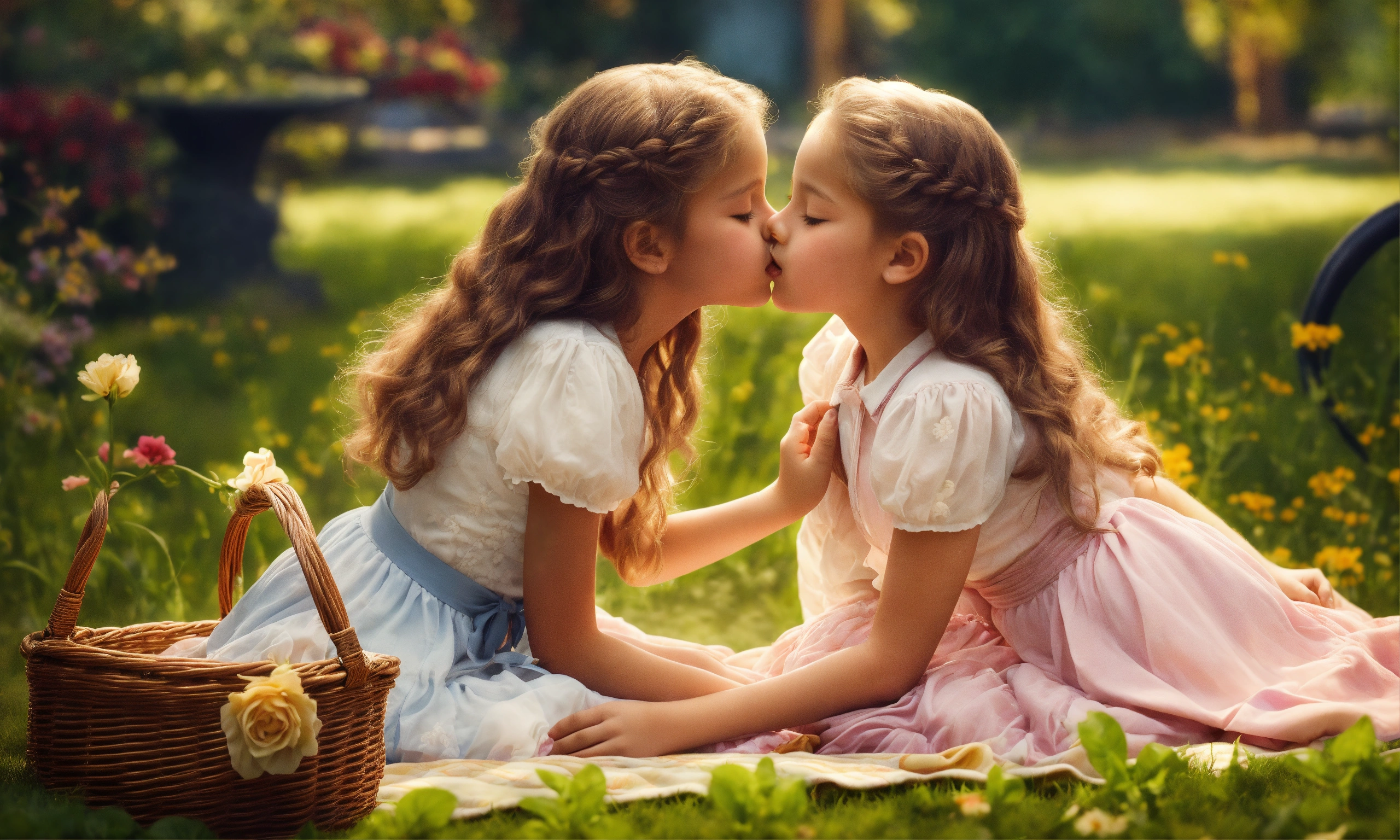 Lexica Two 10 Year Old Sisters Hug And Kiss Each Other During A
