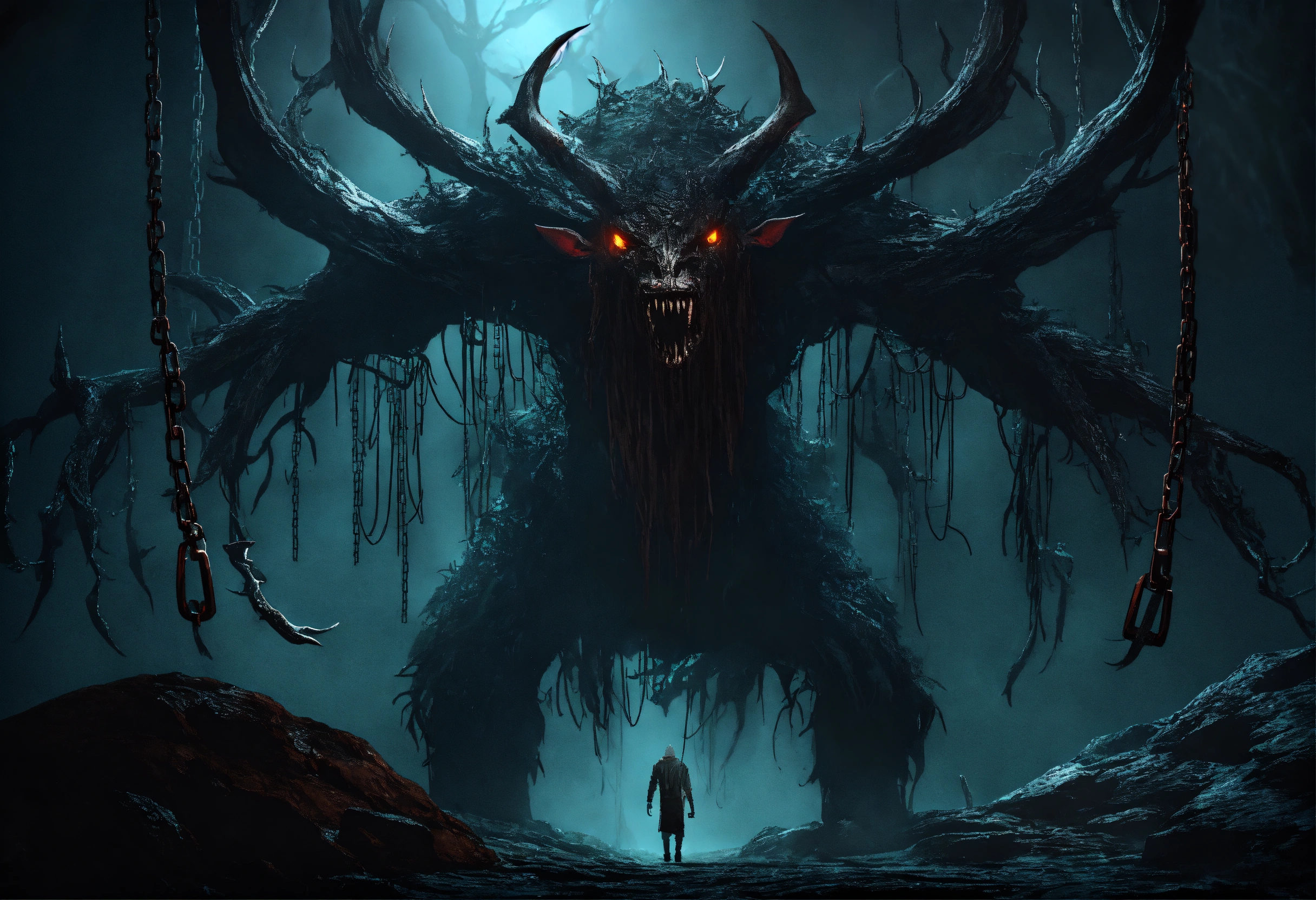 Lexica - Wendigo monster in A scary dark, deep cave with many chains ...