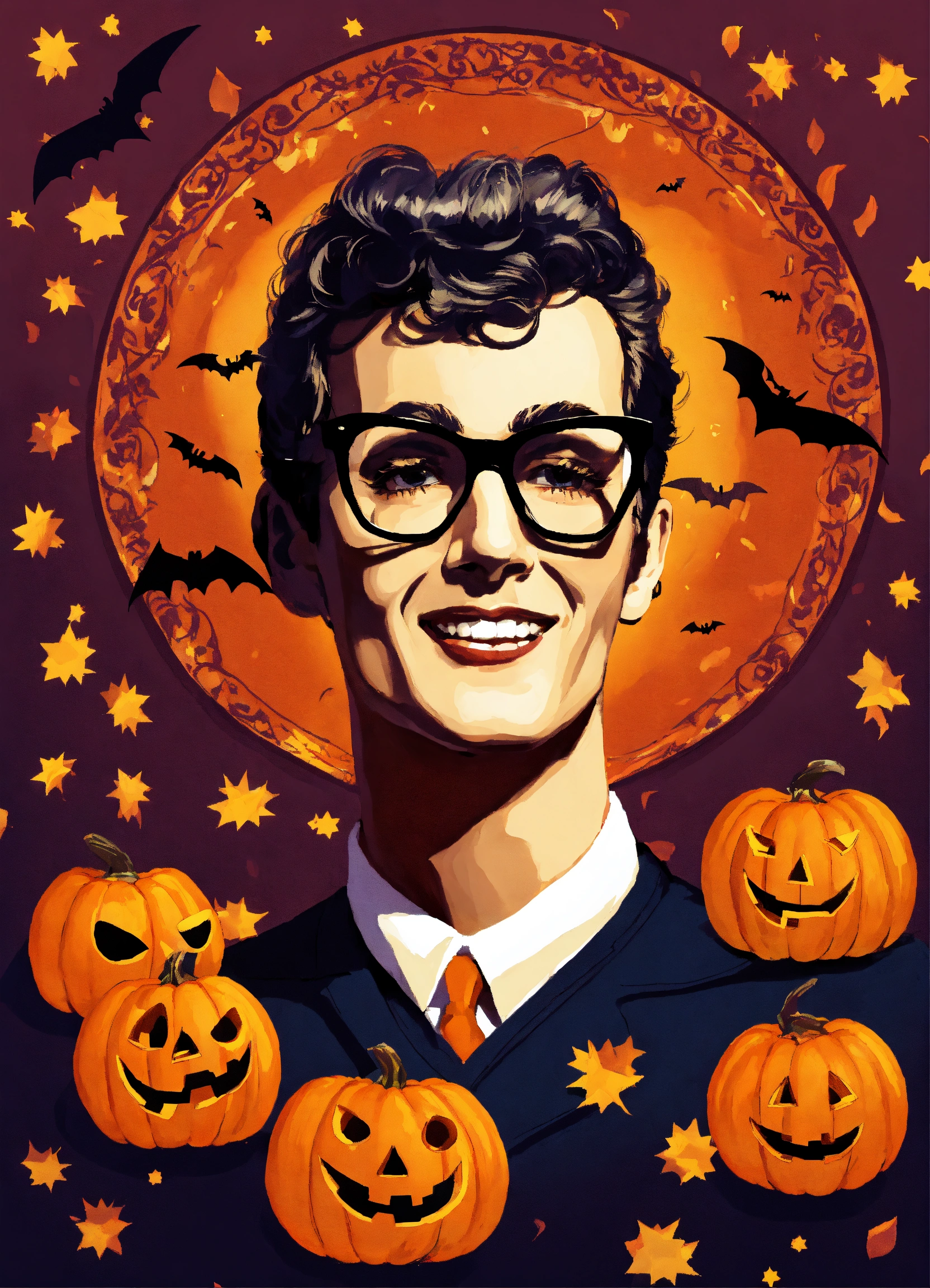 Lexica - Buddy Holly in halloween costume, illustrator