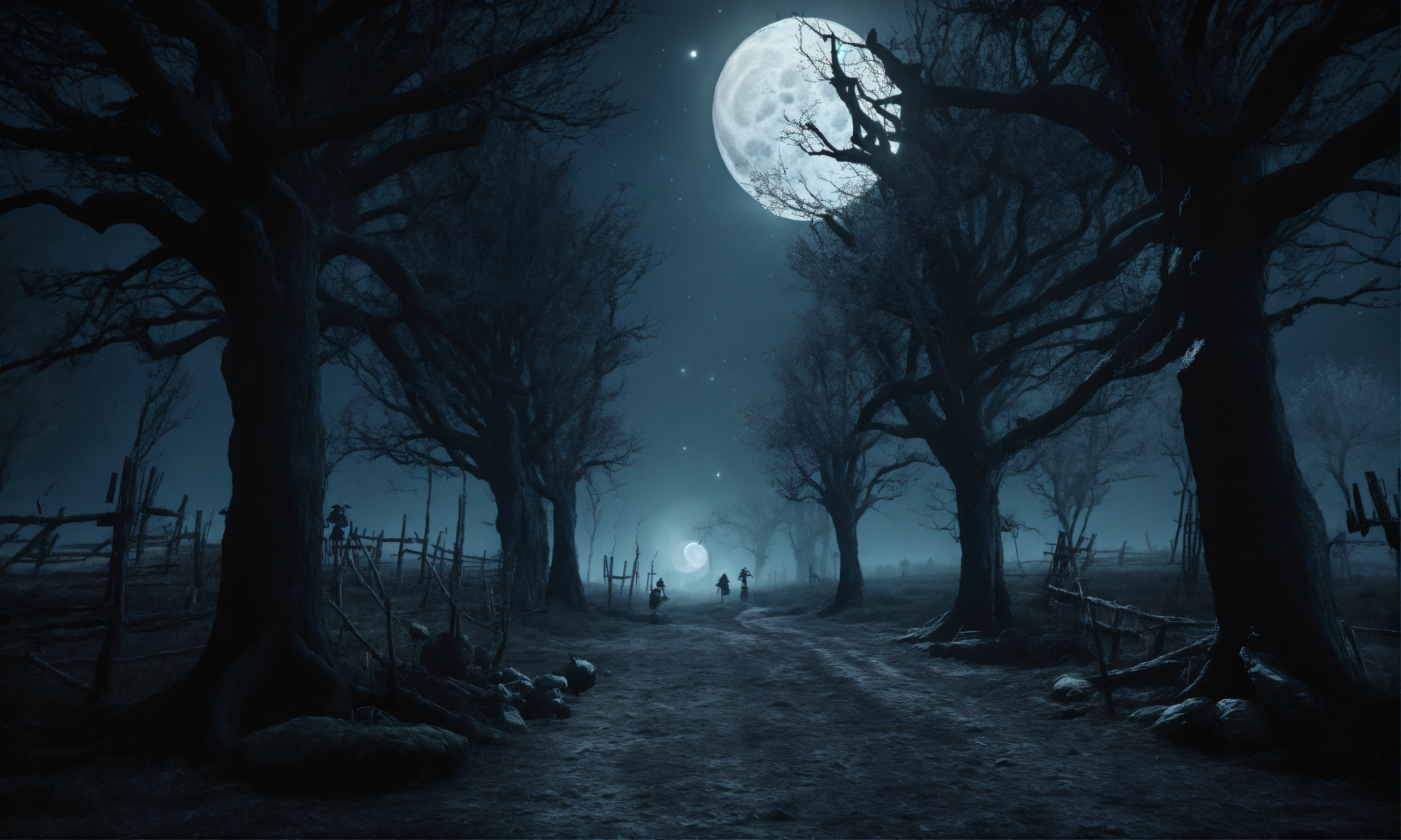 Lexica - 3D black creepy trees haunted scarecrows in a wicked forest ...