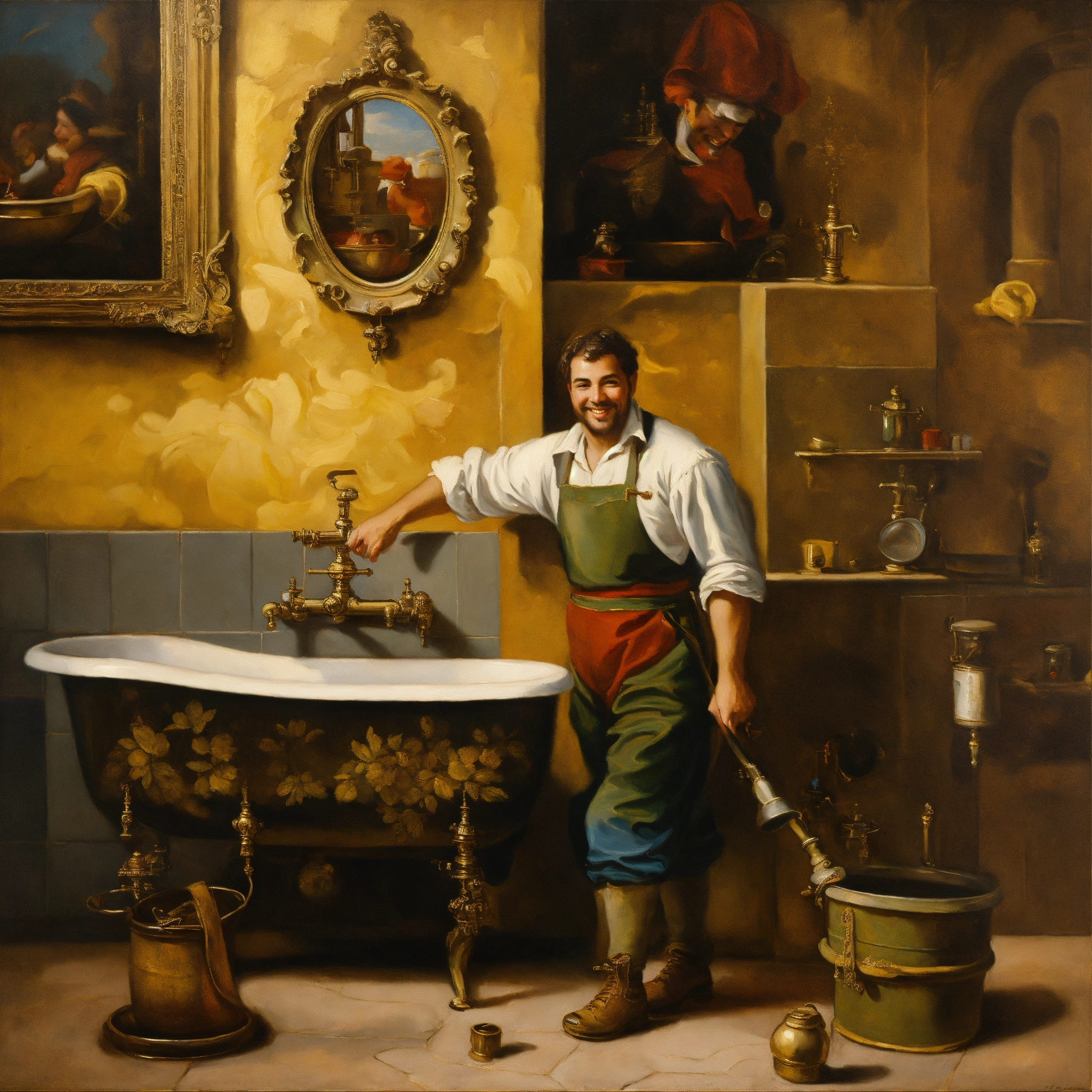 Lexica - Plumber working oil painting baroque art, happy, smile ...