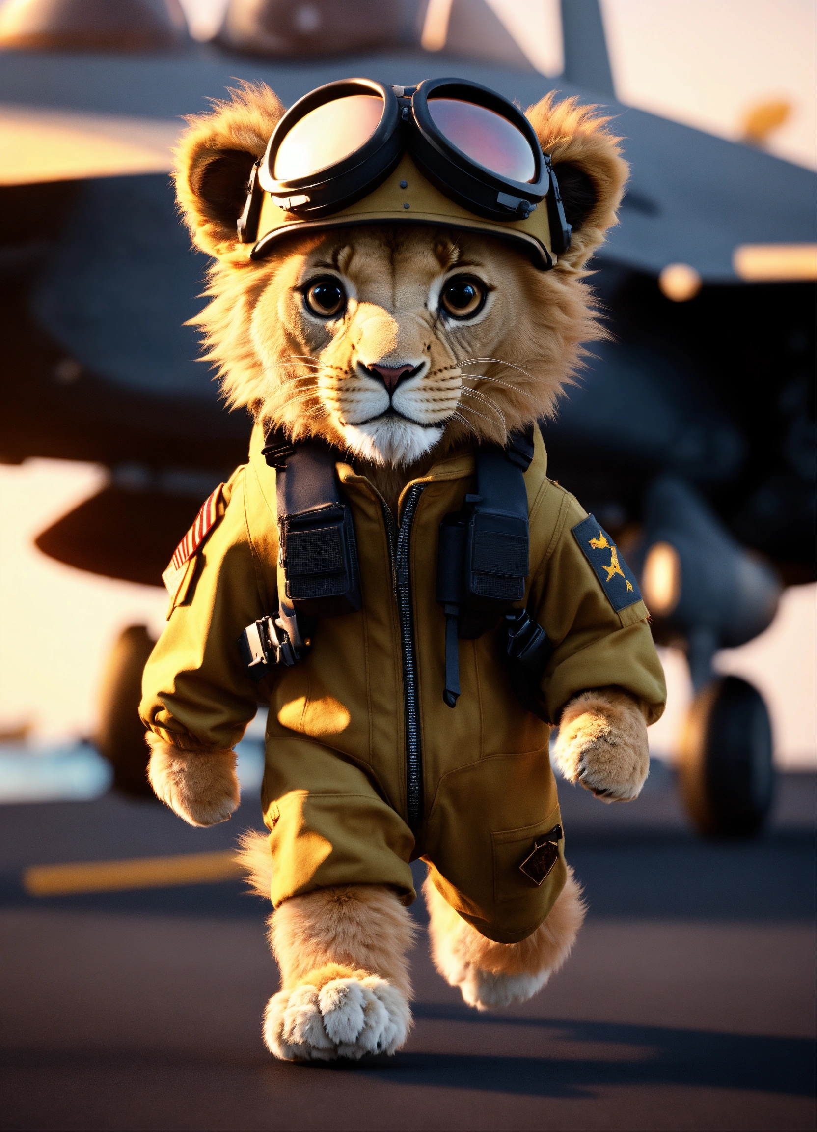 Lexica - A cute fluffy baby lion pilot walking on a military aircraft ...