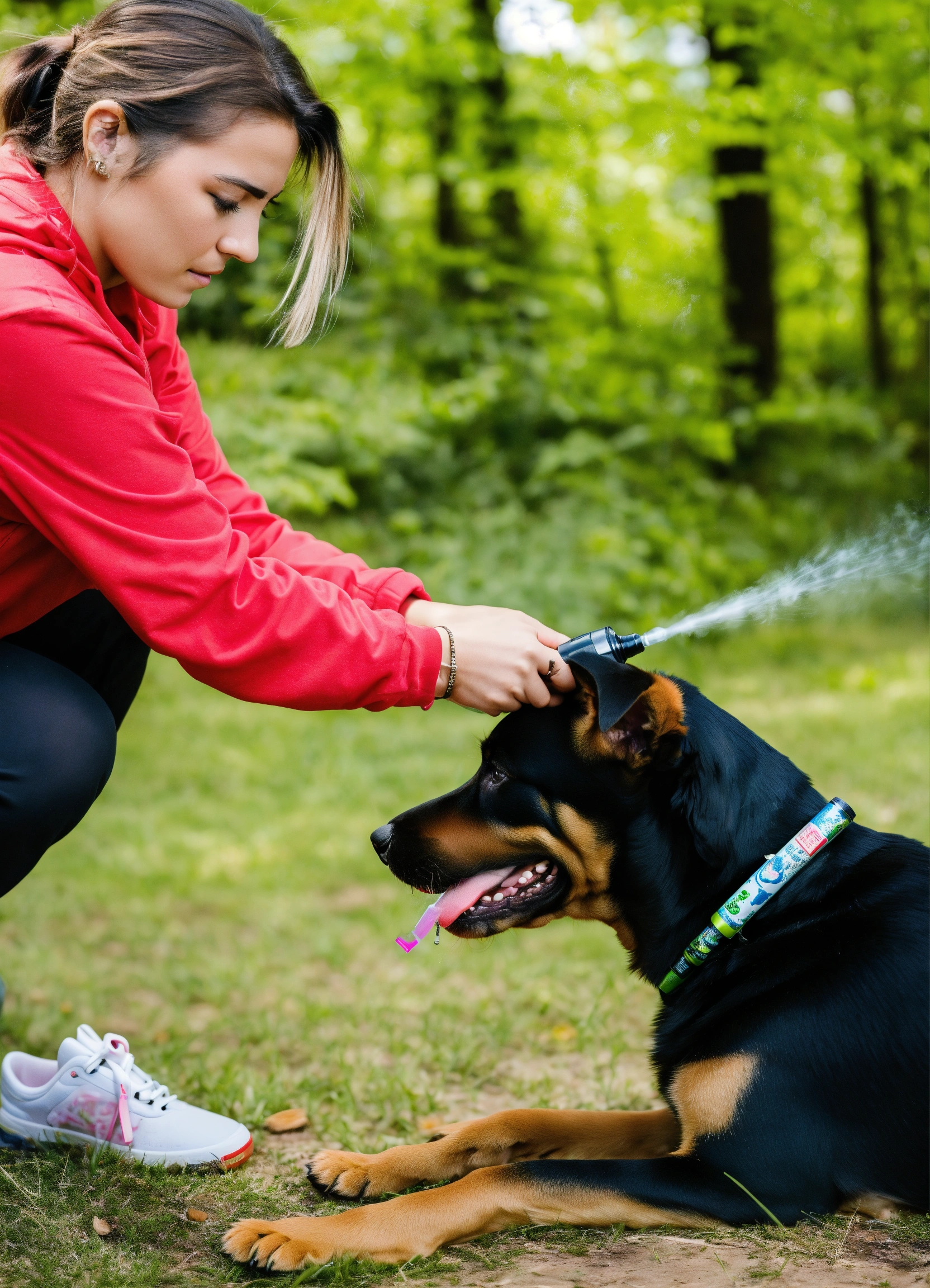 Lexica - Girl spraying pepper spray on dog.