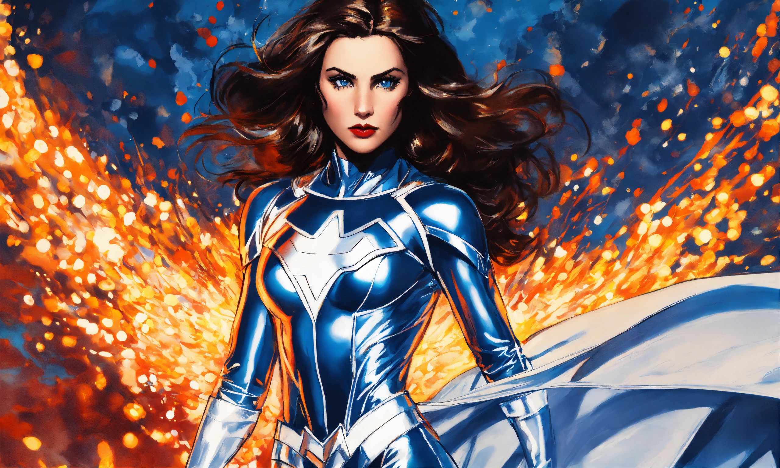 Lexica - Beautiful caped brunette female superhero, action pose, fiery ...