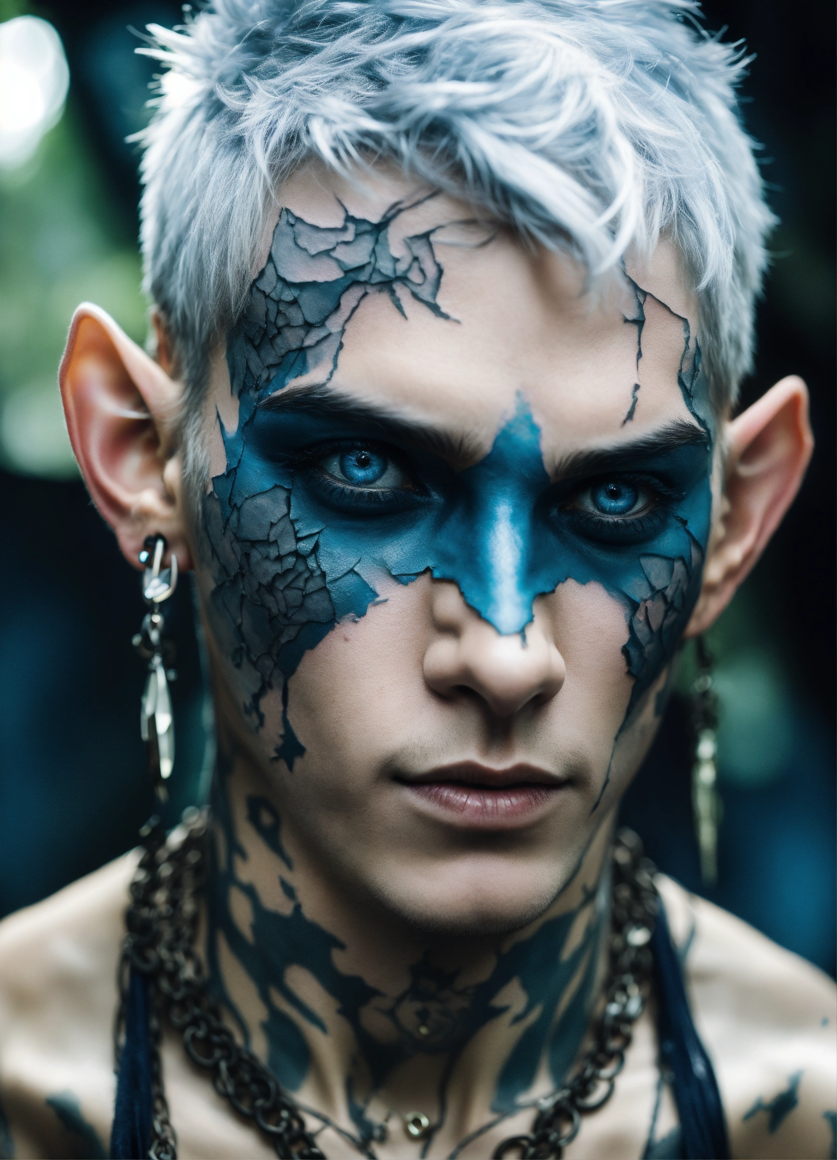 Lexica - Torso shot of a tatooed male elf, monk, sickly thin, pale grey ...