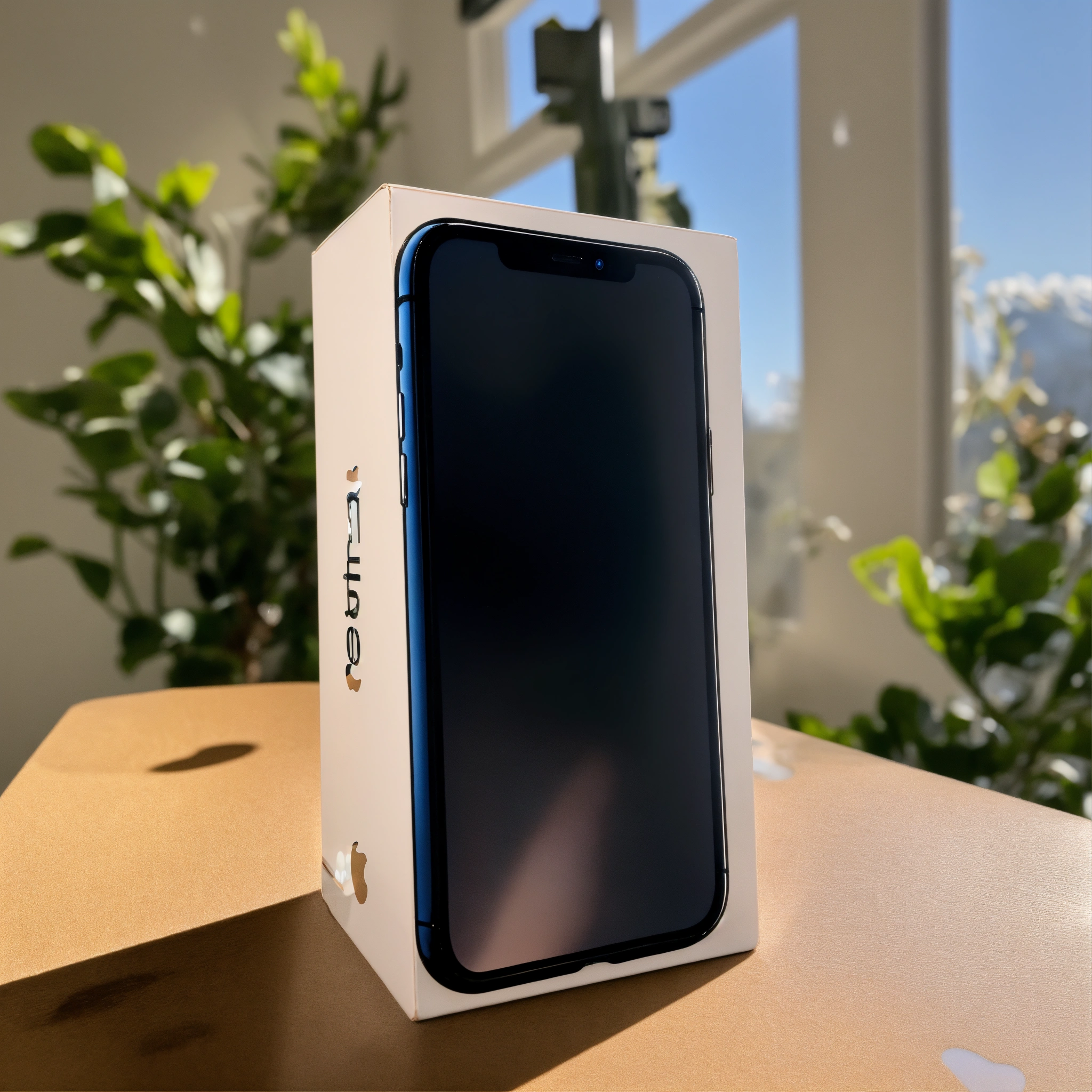 Lexica - A photo of a new iPhone 12. The phone is in a white box. The ...