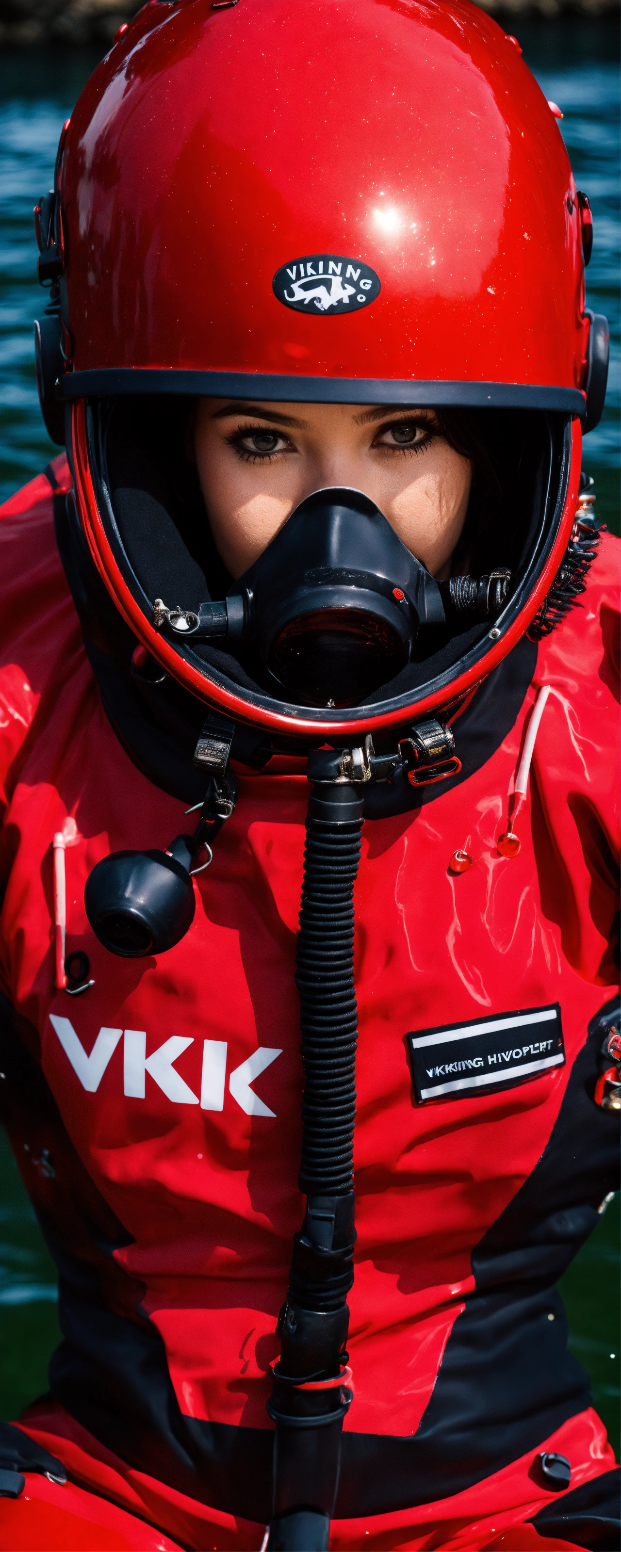 Lexica - Female diver in red and black glossy viking drysuit