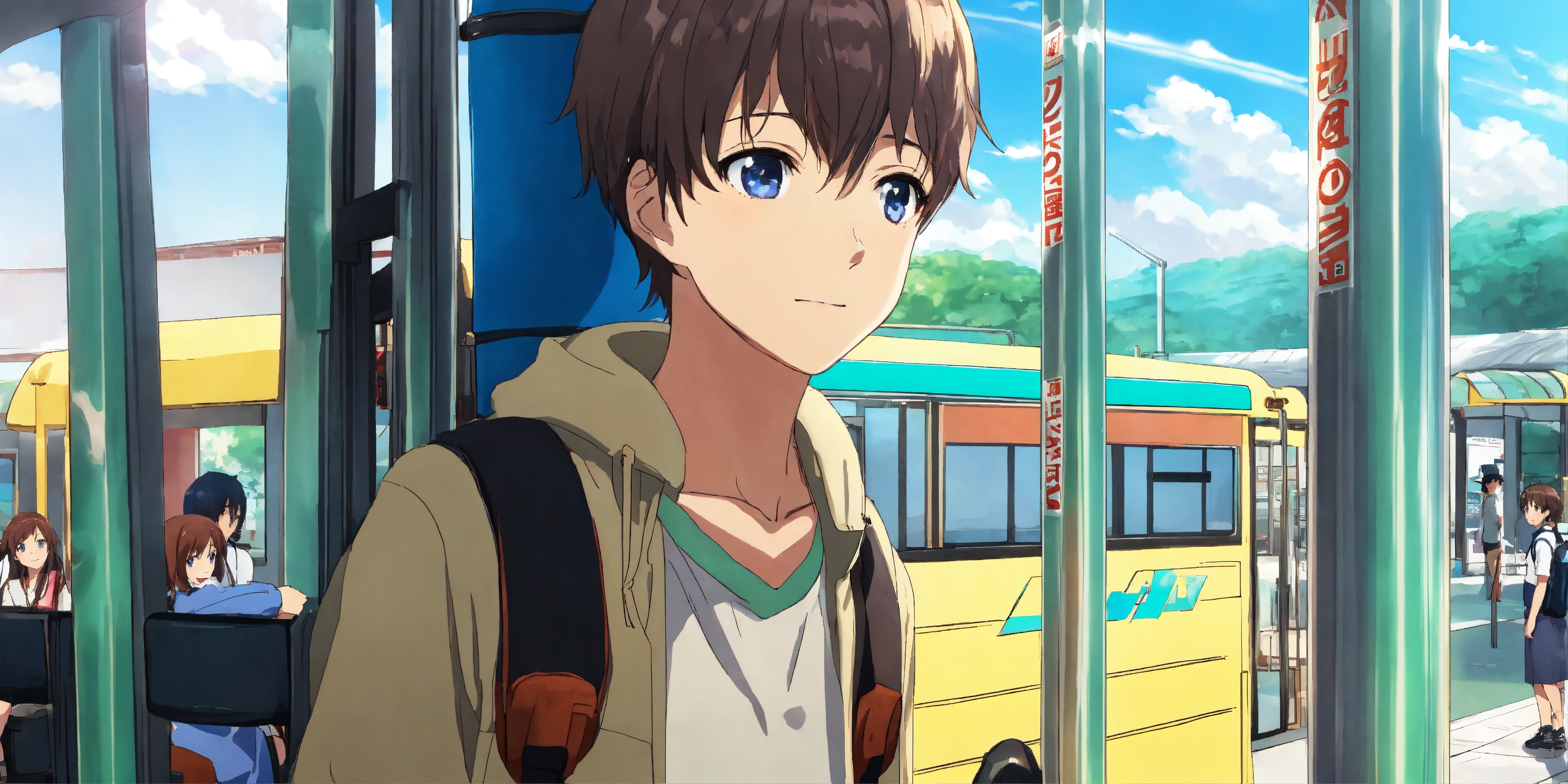 Lexica - A young guy looking at girl on a bus station sunny day in ...