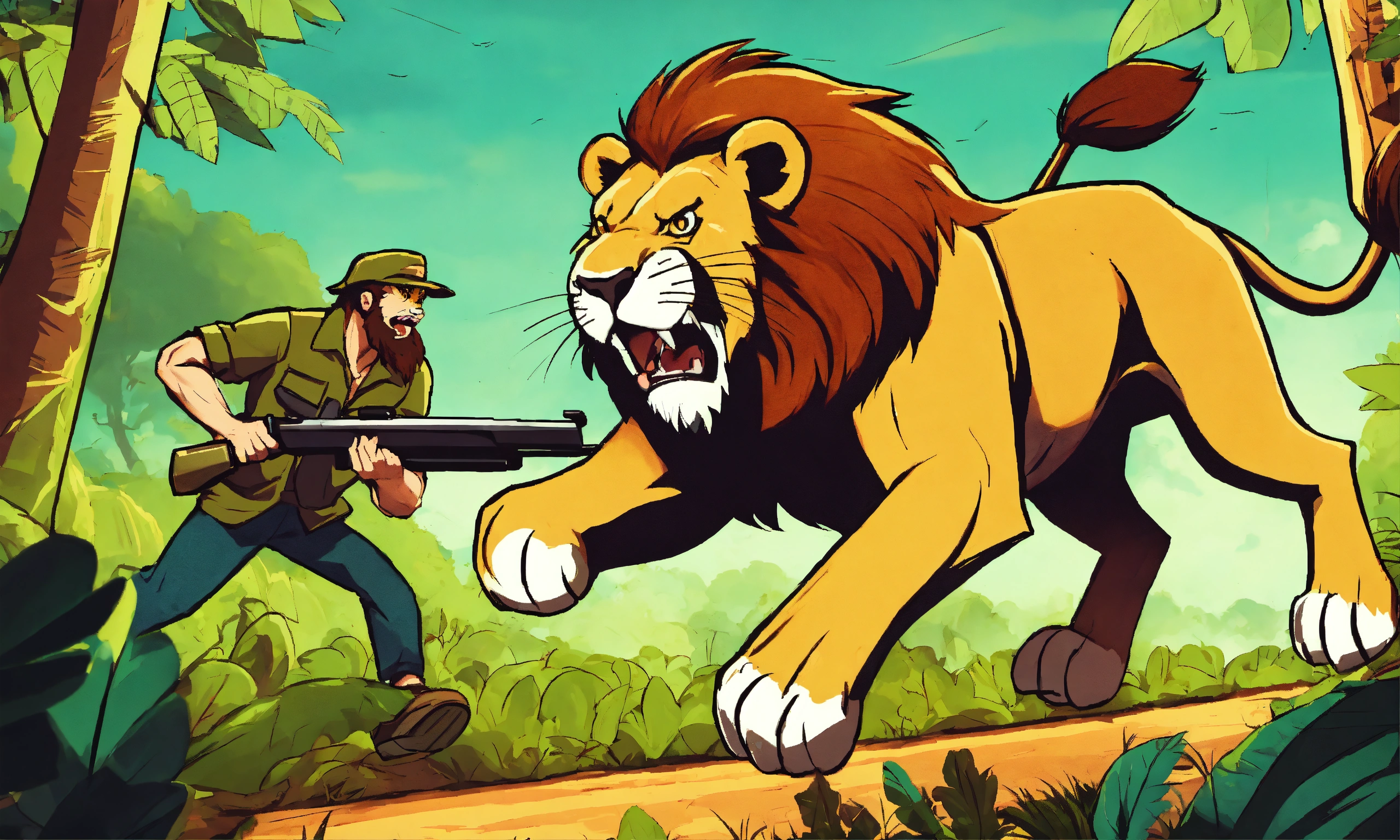 Lexica - Cartoon lion furiously chasing big men hunters and attack them ...