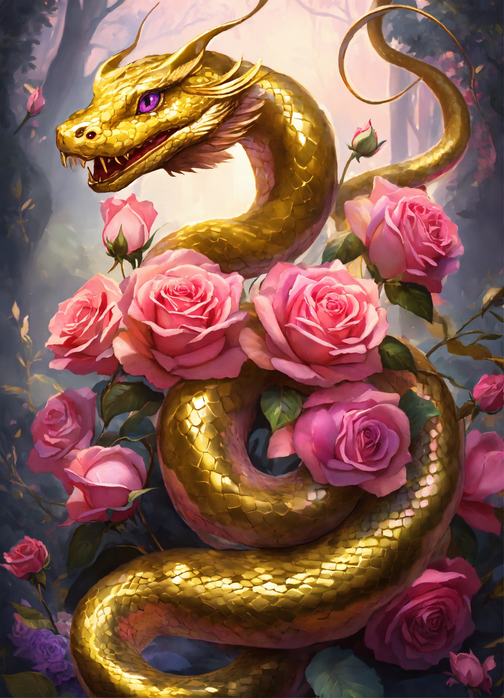 Lexica - Fairy tale large magic gold pink and purple snake pink roses ...