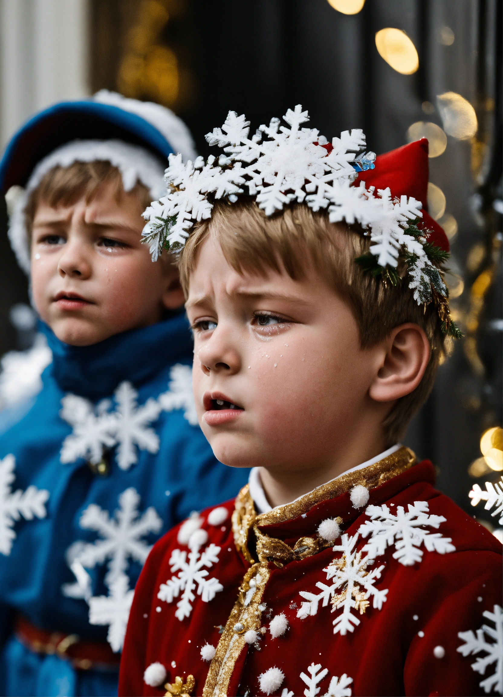 Lexica - British boys, aged 7, wearing snowflake costumes, they are crying