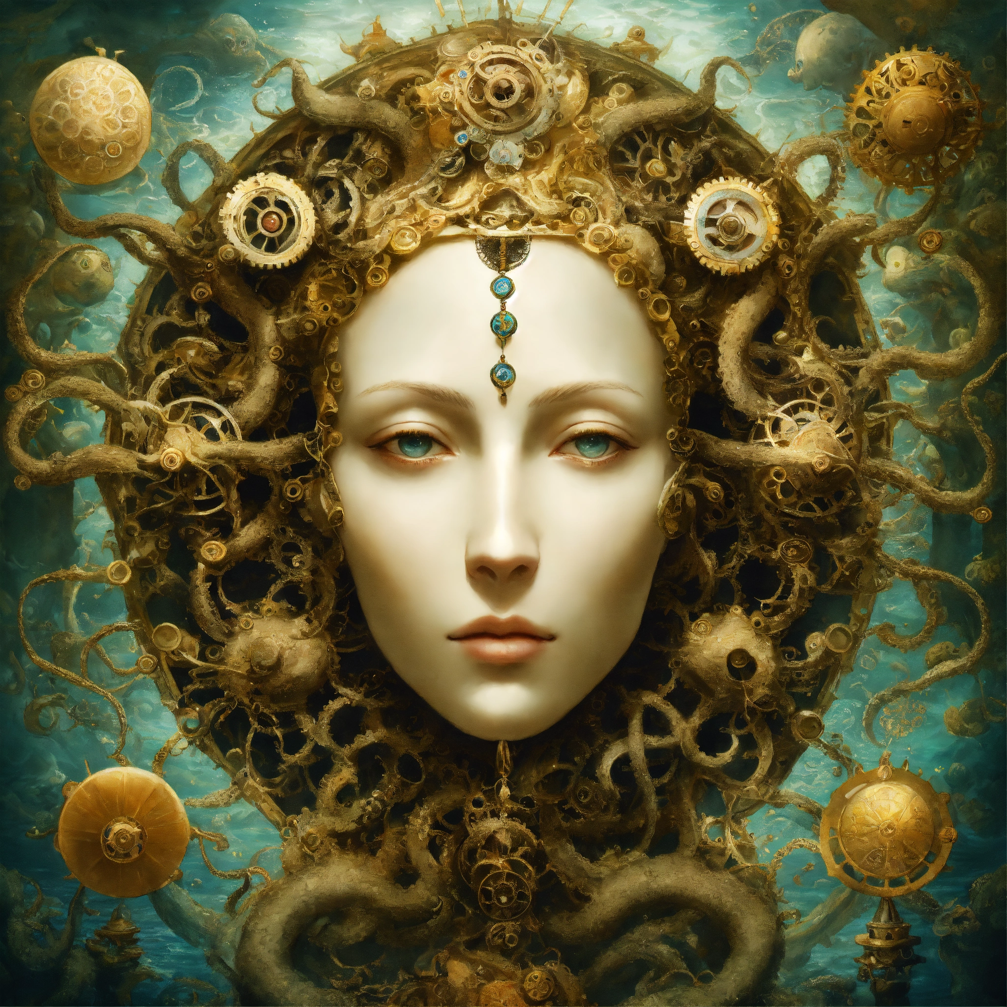 Lexica - Frontal portrait of ten human head with cogwheels floating on ...