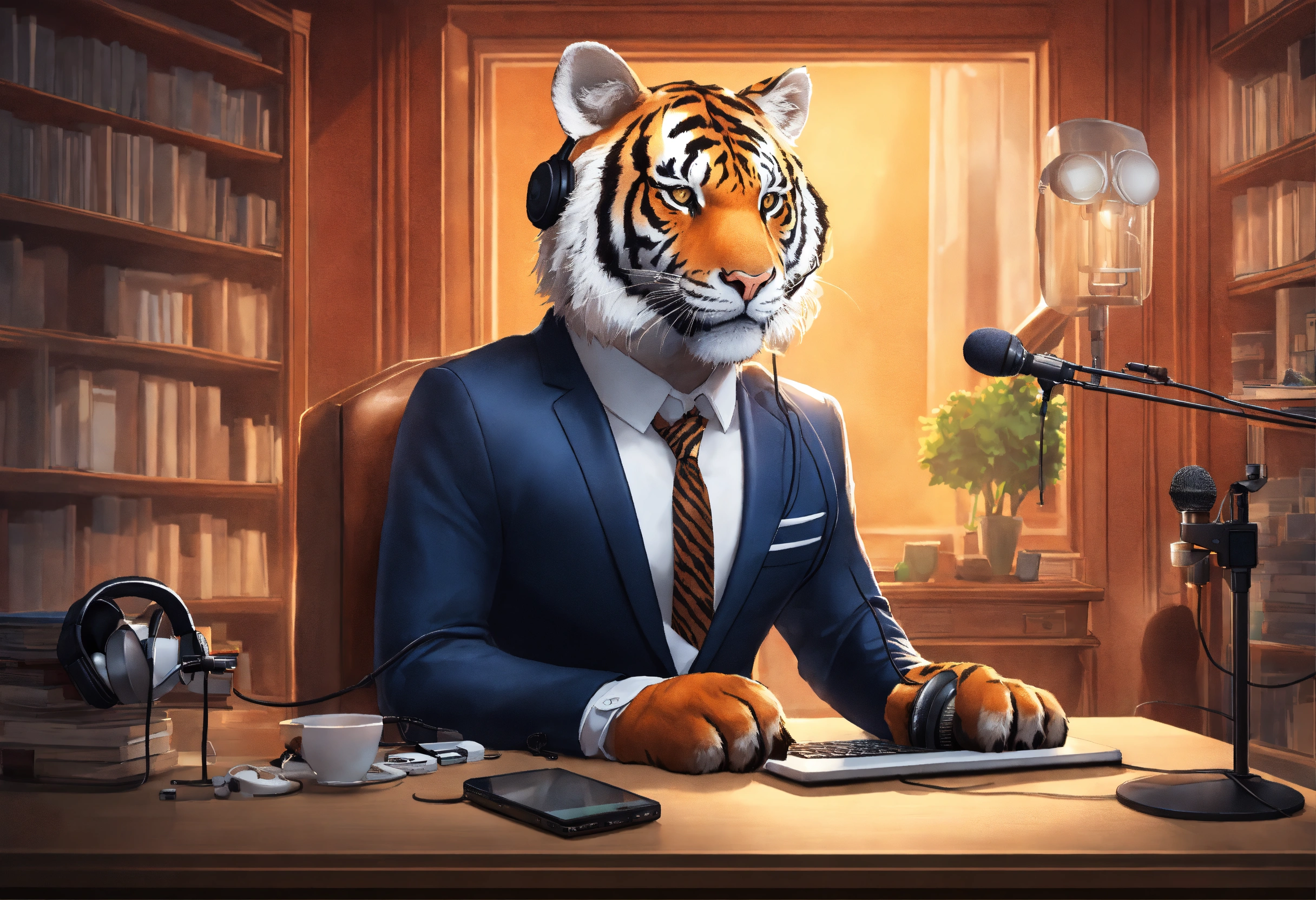Lexica - A realistic tiger wearing a business suit and headphones ...