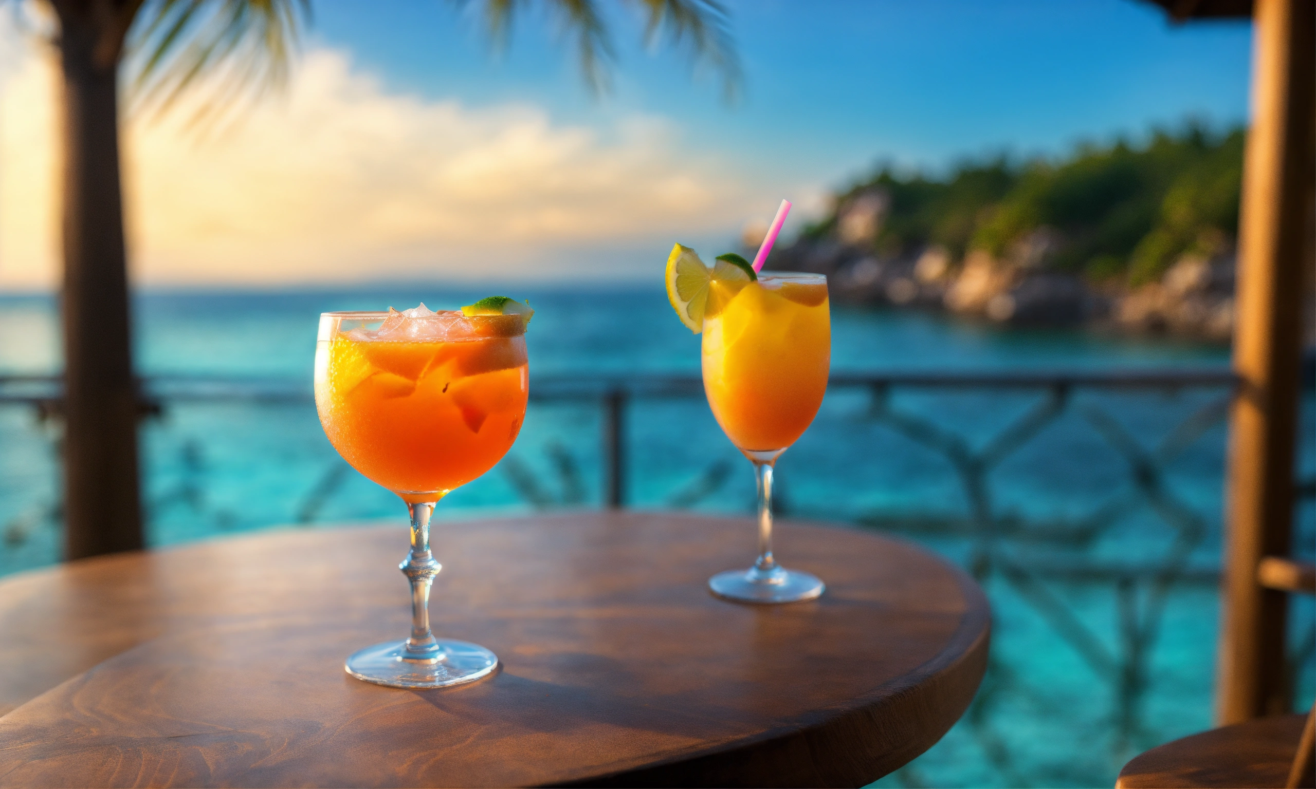Lexica - Tropical drink on a small table, behind is the beach with blue ...